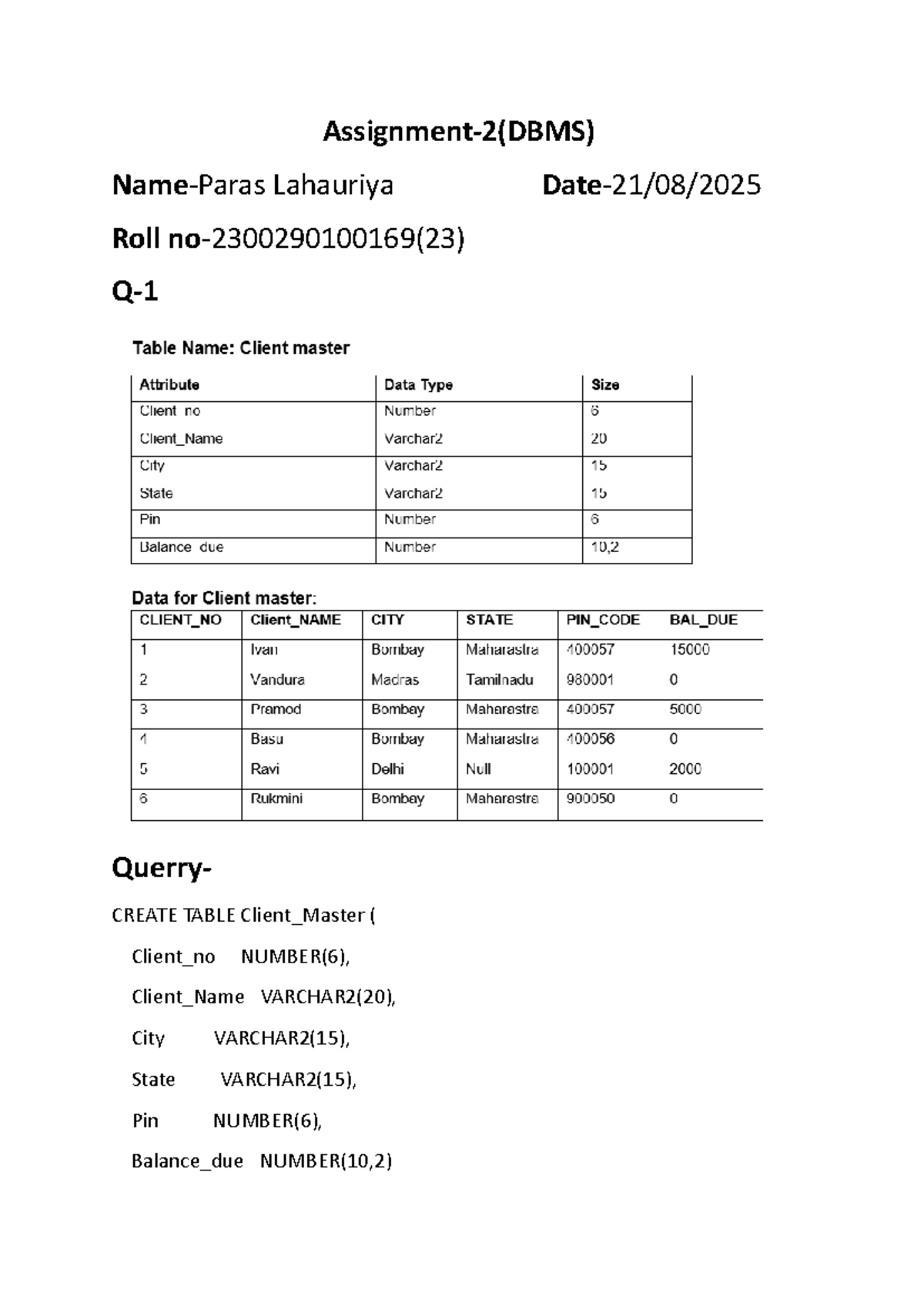 SQL Database Management: Client and Product Master Tables - Studocu
