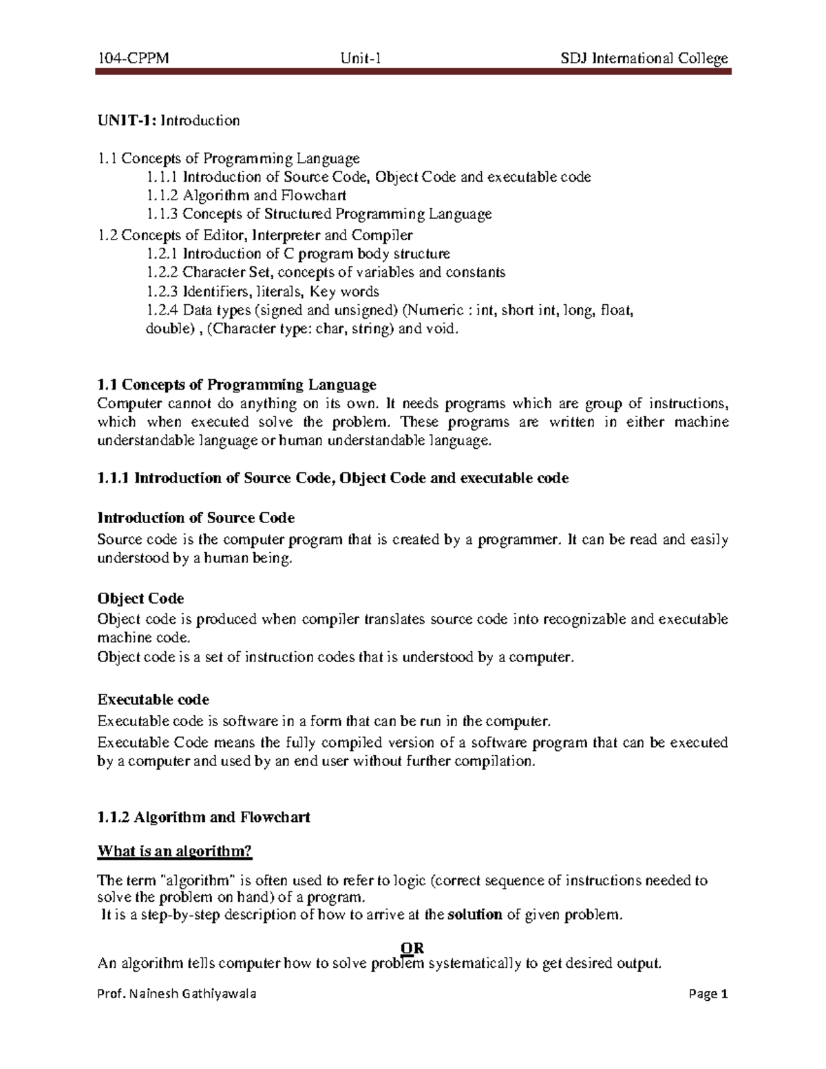 UNIT-1 CPPM - UNIT-1: Introduction 1 Concepts of Programming Language 1.1 Introduction of Source ...