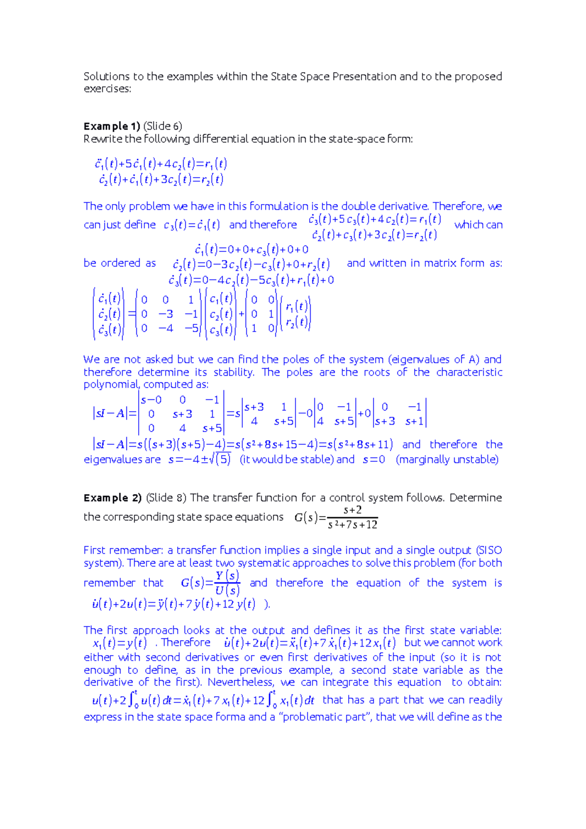 State Space Solutions: Examples and Exercises (Course Code: SS101 ...