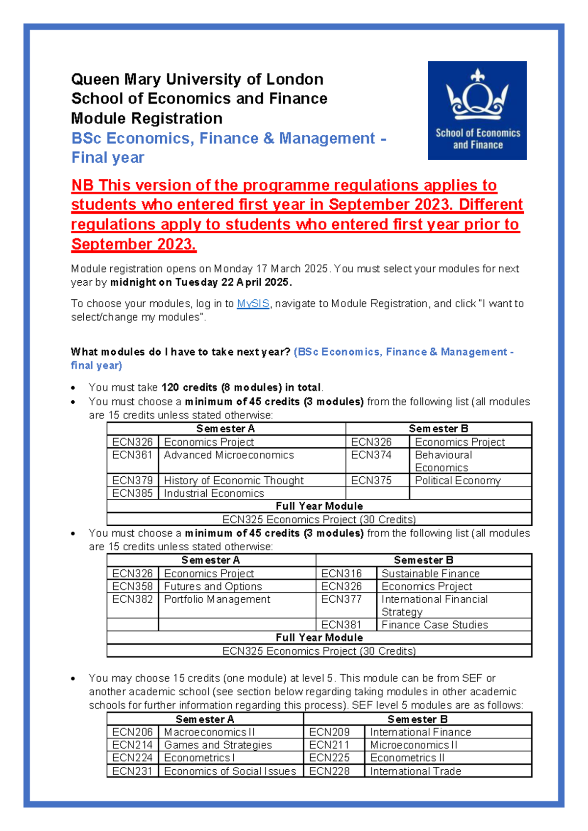 BSc Economics & Finance Management Module Registration Guide 2023-2025 ...