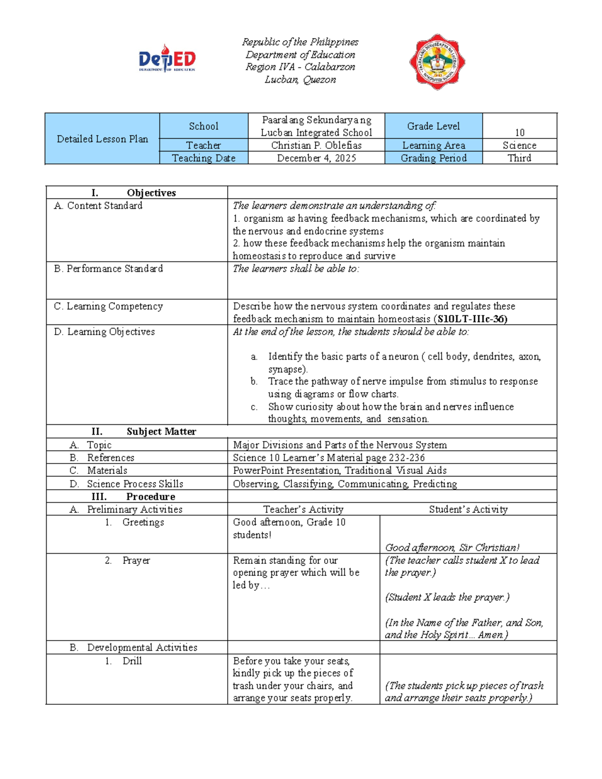 Detailed Lesson Plan on Nerve Cells (Neuron) - Grade 10 Science - Studocu