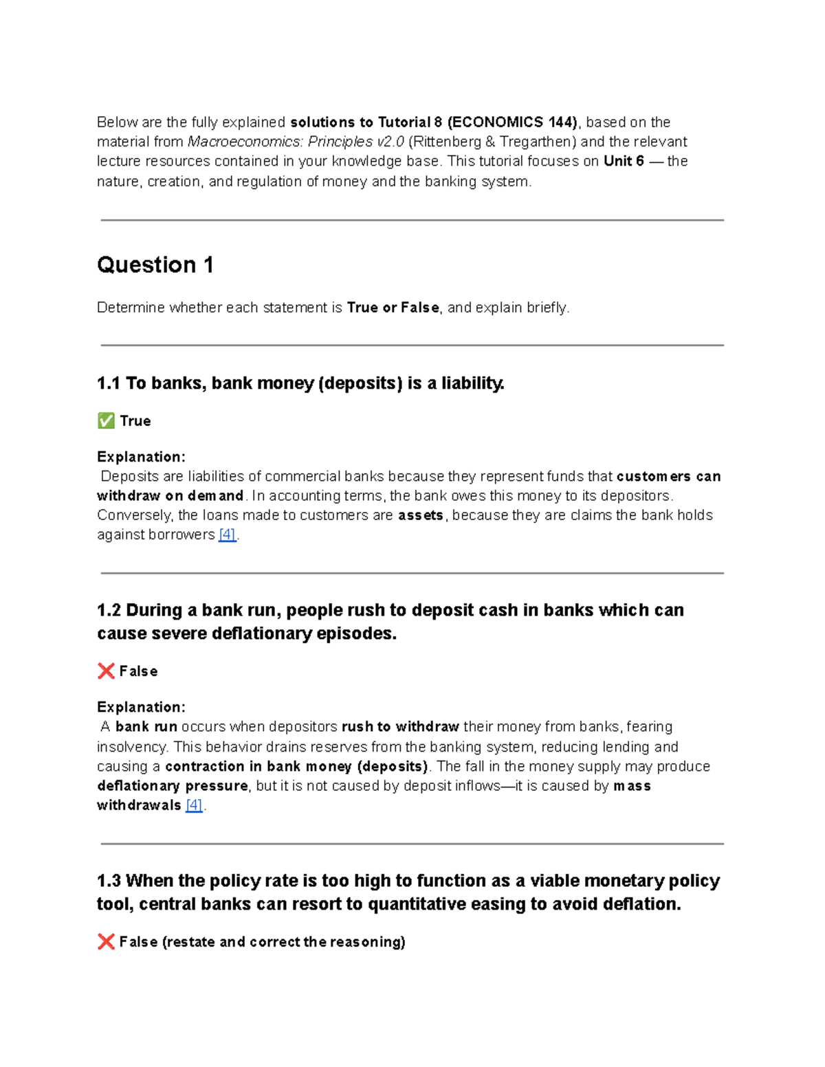Econ144 - Tutorial 8 Solutions: Money Creation & Banking Risks - Studocu