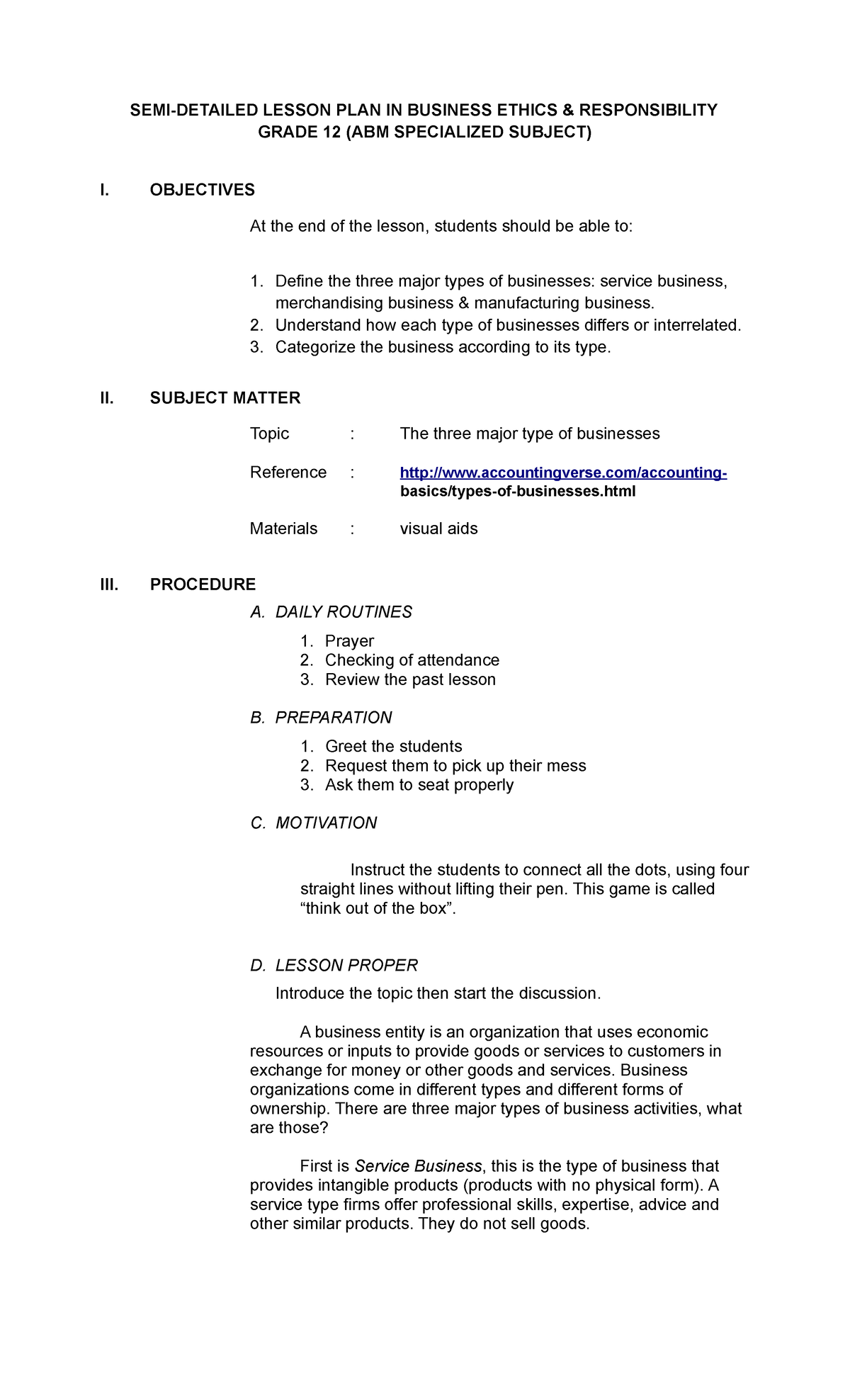 Semi-Detailed Lesson Plan: Business Ethics & Responsibility (Grade 12 ...