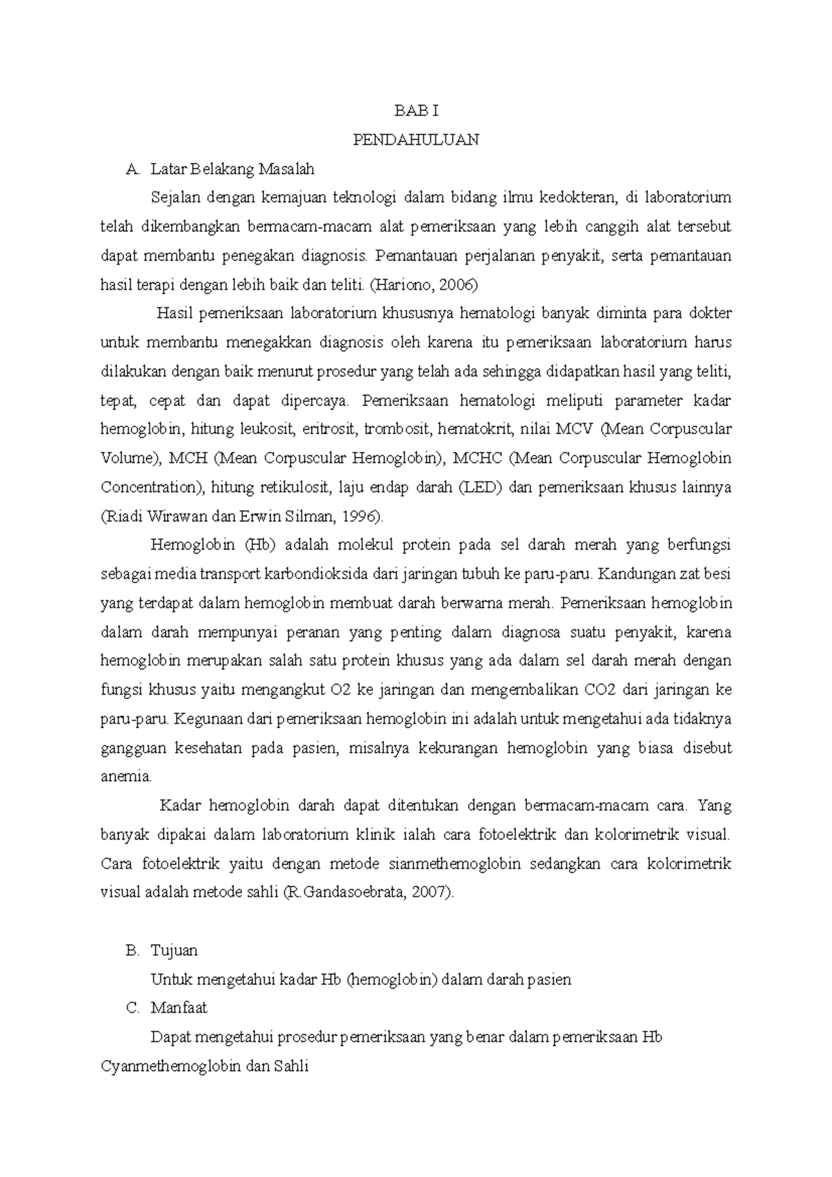 Laporan Praktikum Hb - Analisis Kadar Hemoglobin dengan Metode ...