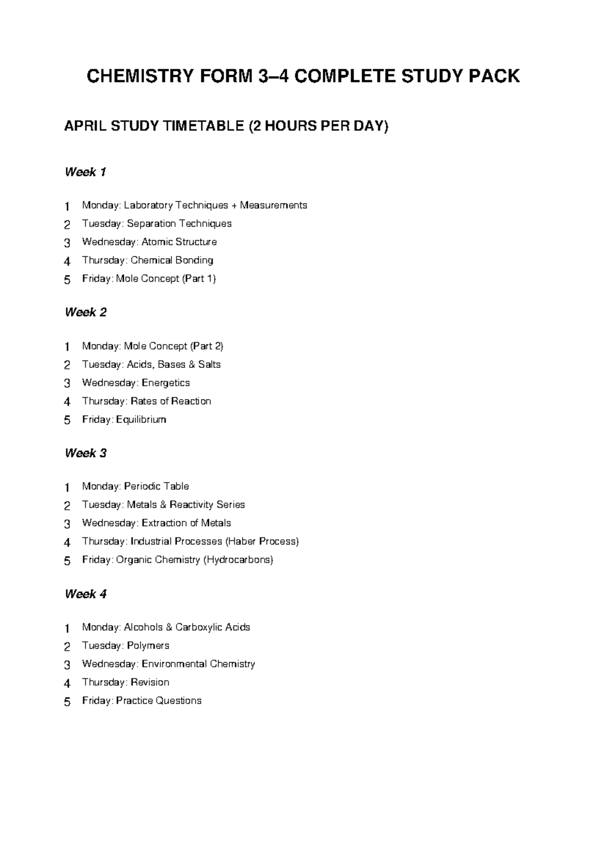 CHEMISTRY FORM 3 & 4 COMPLETE STUDY PACK APRIL TIMETABLE - Studocu