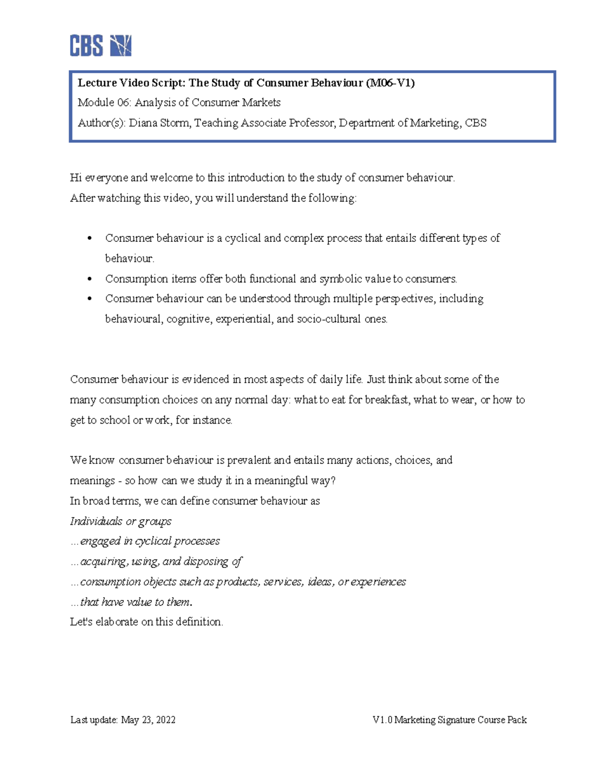 Lecture Script: Consumer Behaviour Analysis - Module 06 (CBS) - Studocu
