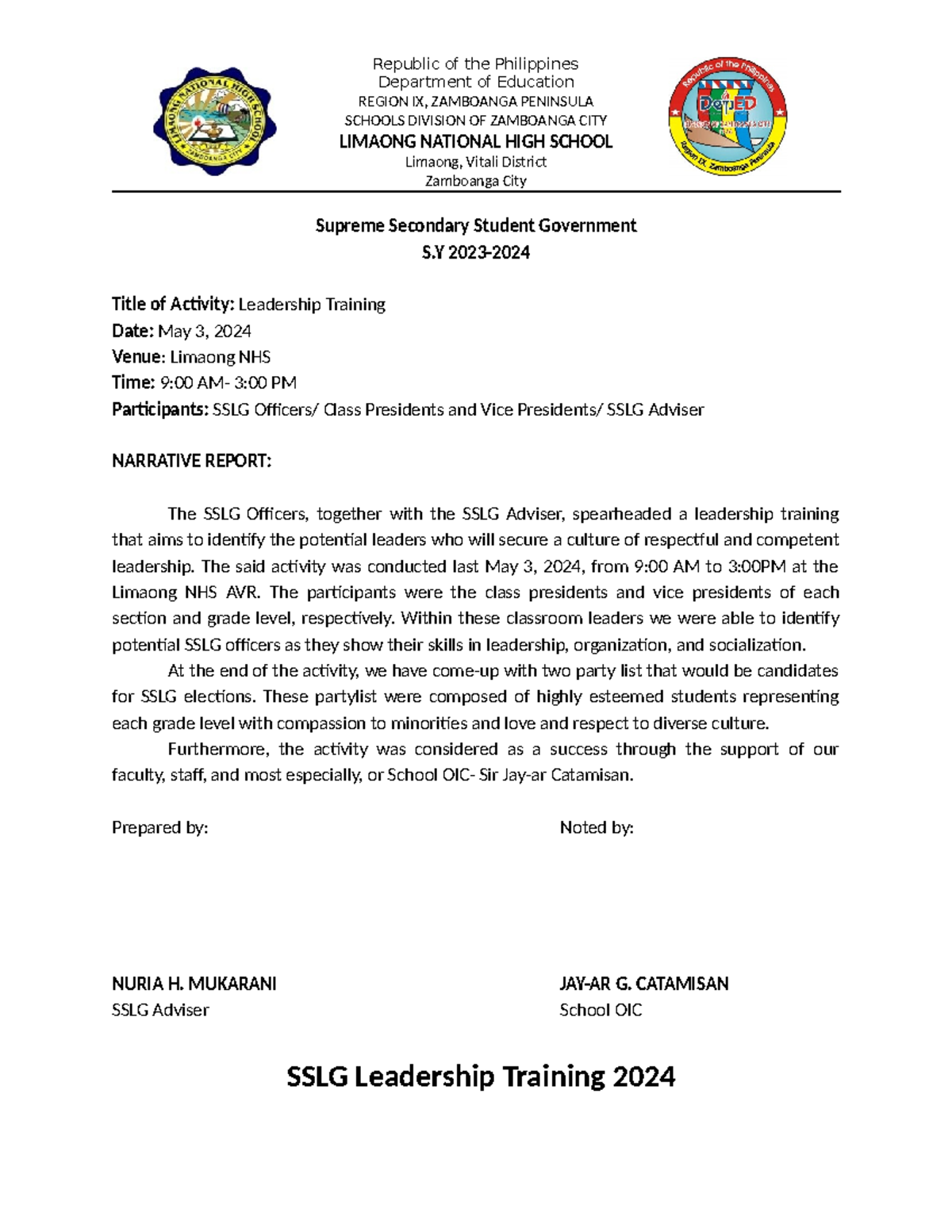 SSLG Leadership Training Narrative Report 2024 - Studocu