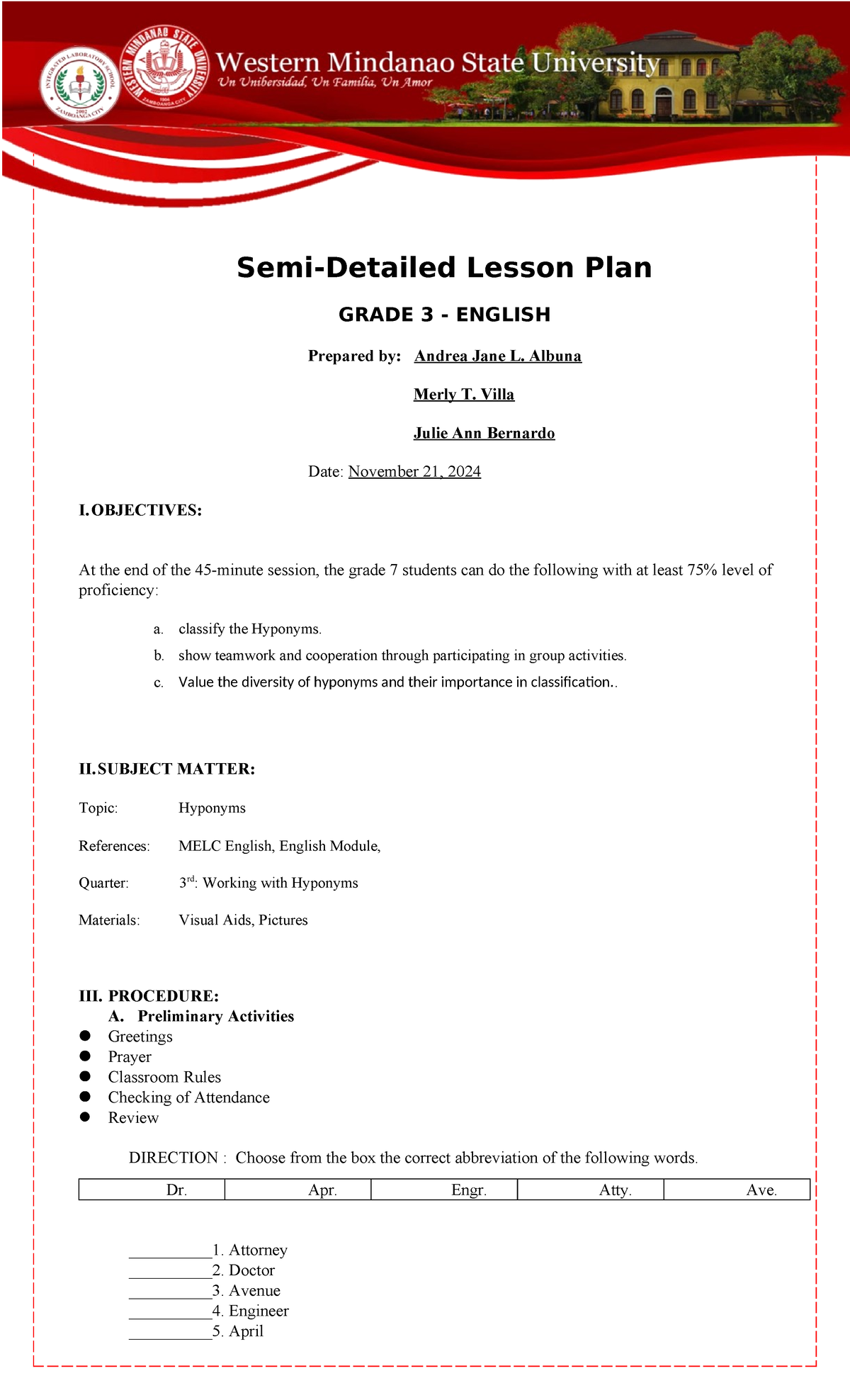 Grade 3 English Lesson Plan: Understanding Hyponyms - Studocu