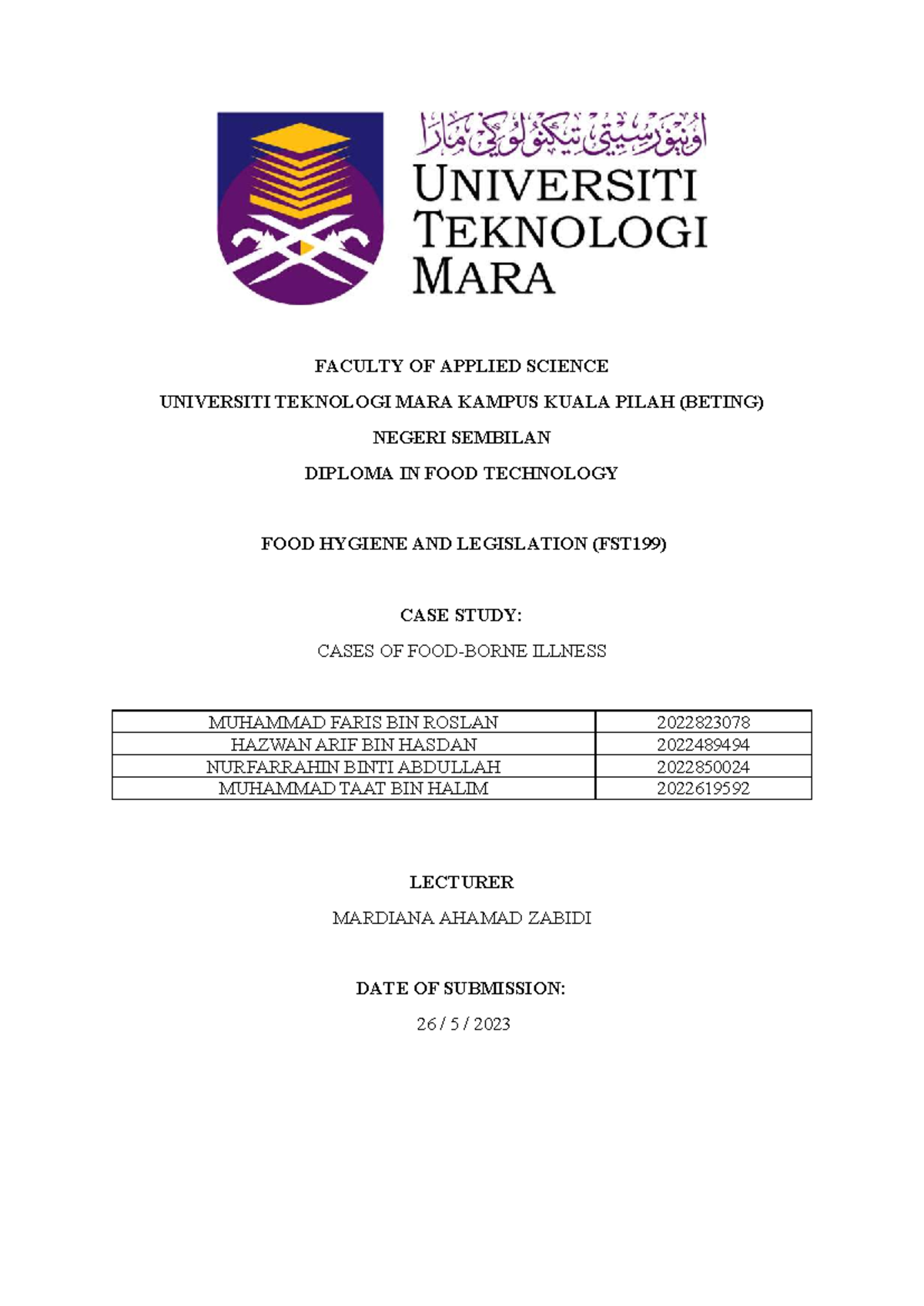 FST199 Case Study: Food Hygiene & Legislation in Food Poisoning - Studocu