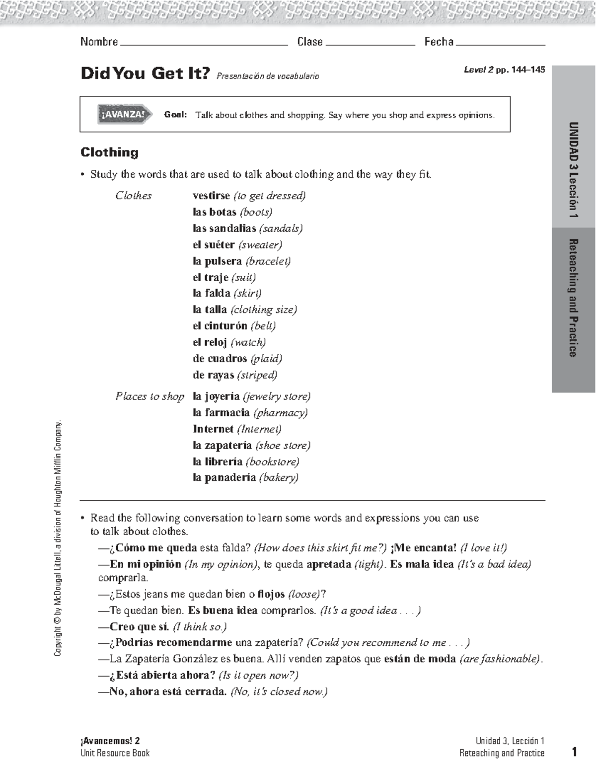 AVANZA! Level 2 Unidad 3 Lección 1: Vocabulario y Gramática - Studocu