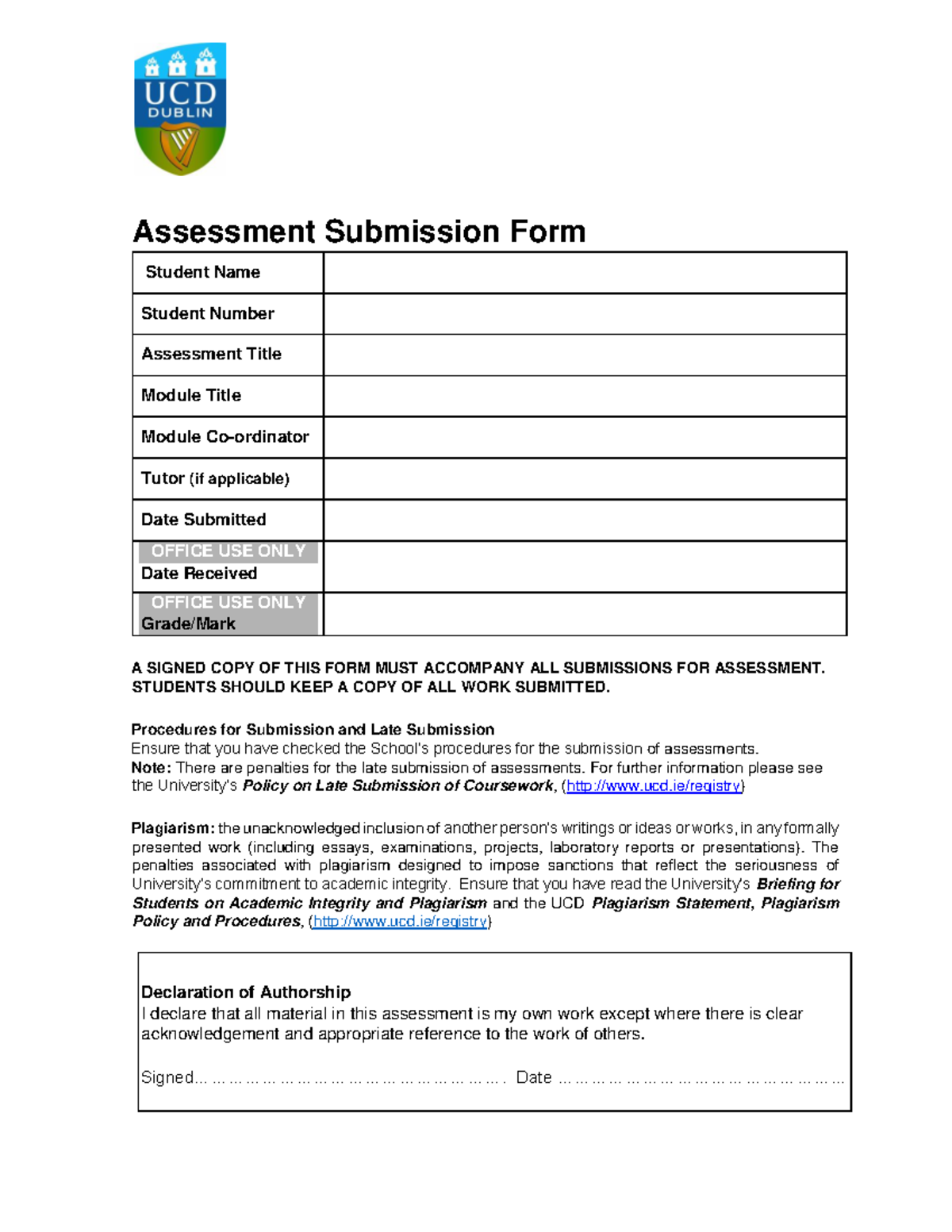 UCD Assessment Submission Form and Guidelines - Studocu