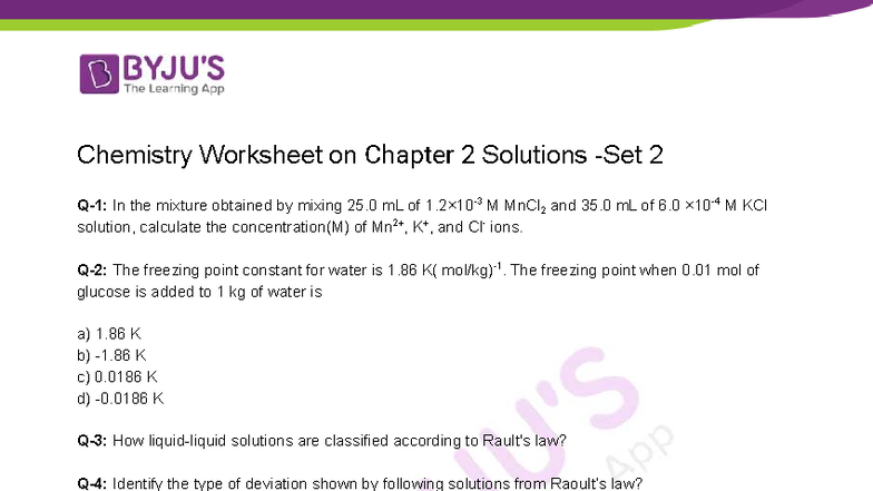 Chemistry Worksheet on Chapter 2 Solutions - Set 2 - Studocu
