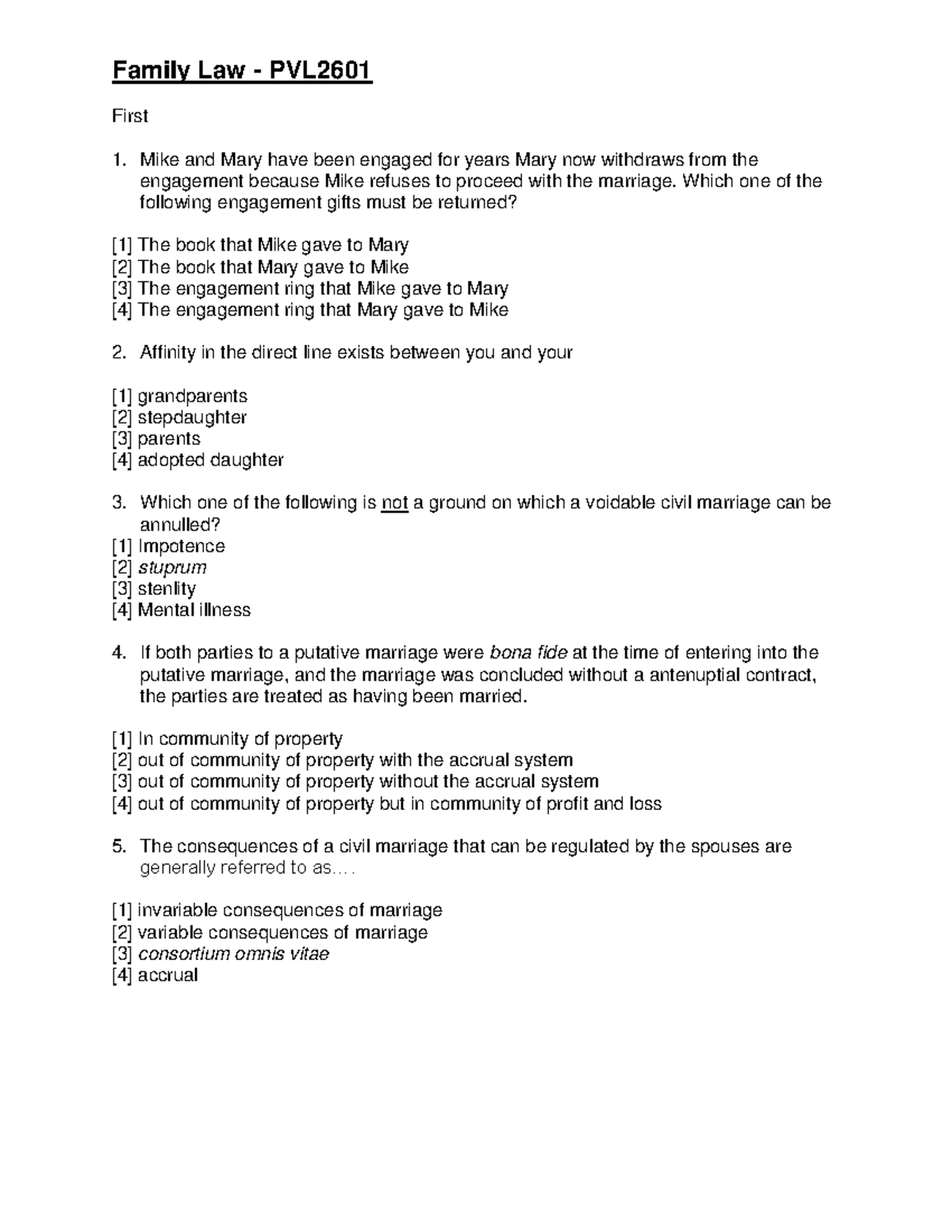 Family Law PVL: MCQ Review for Final Exam Preparation - Studocu