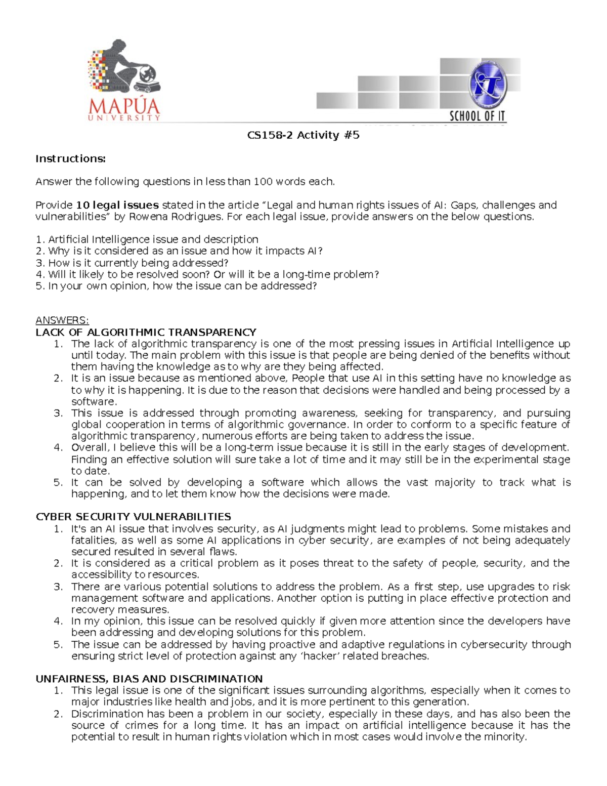 A5 - CS158-2 Activity - CS158-2 Activity Instructions: Answer the following questions in less ...