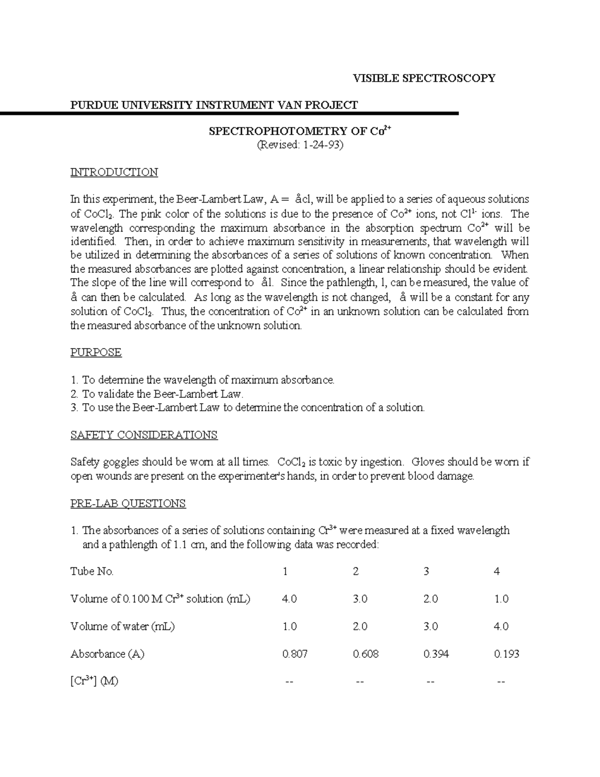 Visible Spectroscopy: Spectrophotometry of CoCl2 Solutions (CHEM 101 ...