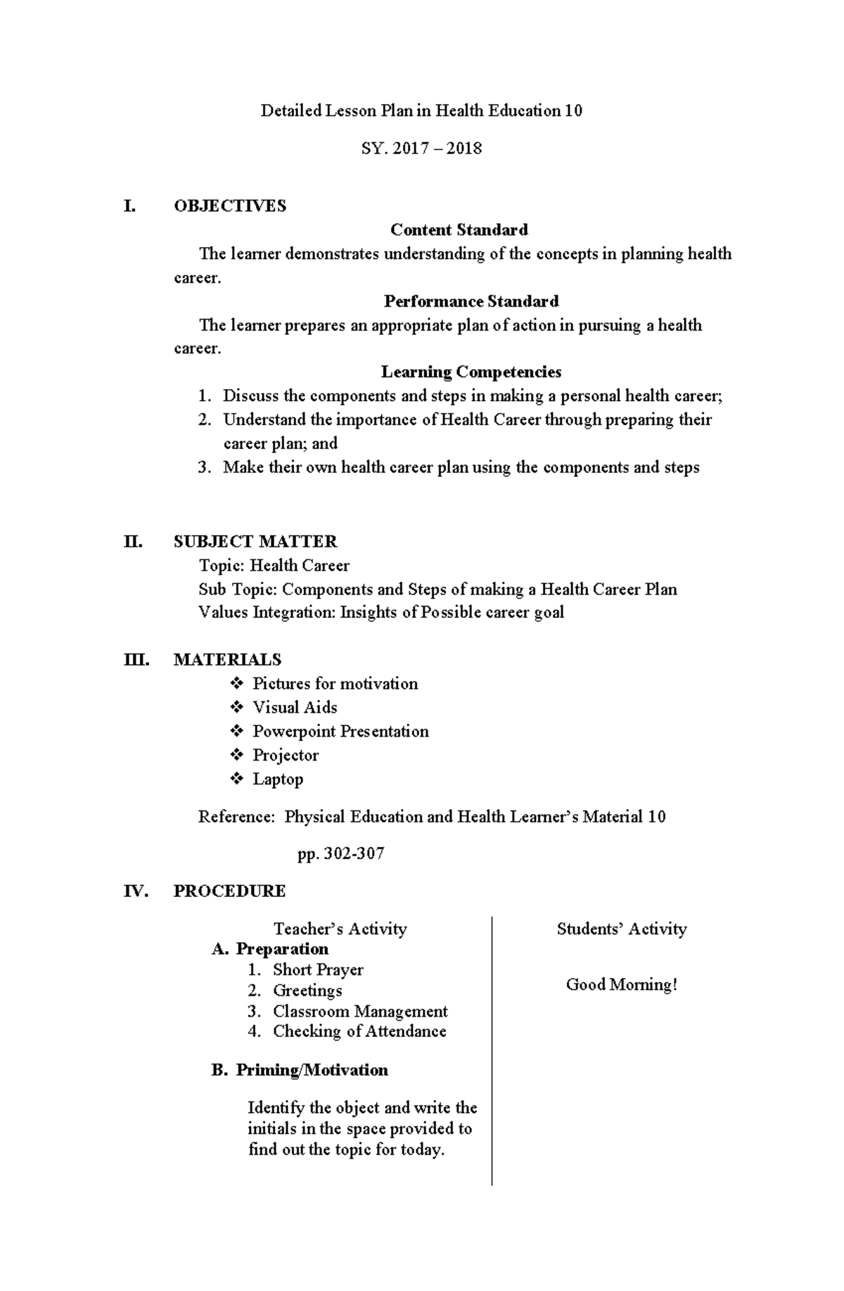 Health Education 10: Detailed Lesson Plan on Health Careers - Studocu