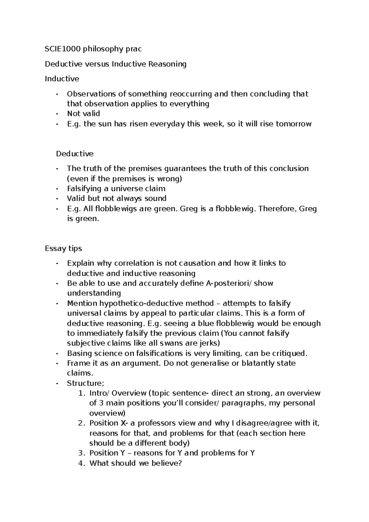 SCIE1000 Philosophy Prac: Deductive vs Inductive Reasoning Insights ...