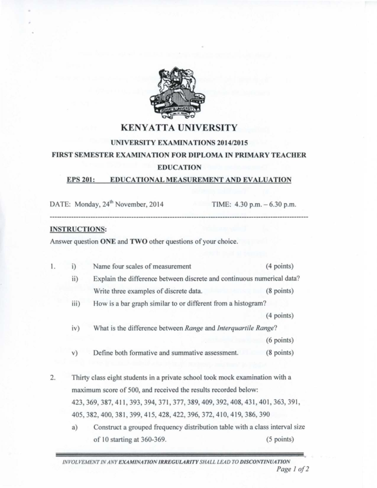 EPS 201: Educational Measurement & Evaluation - Exam Paper 2014 - Studocu