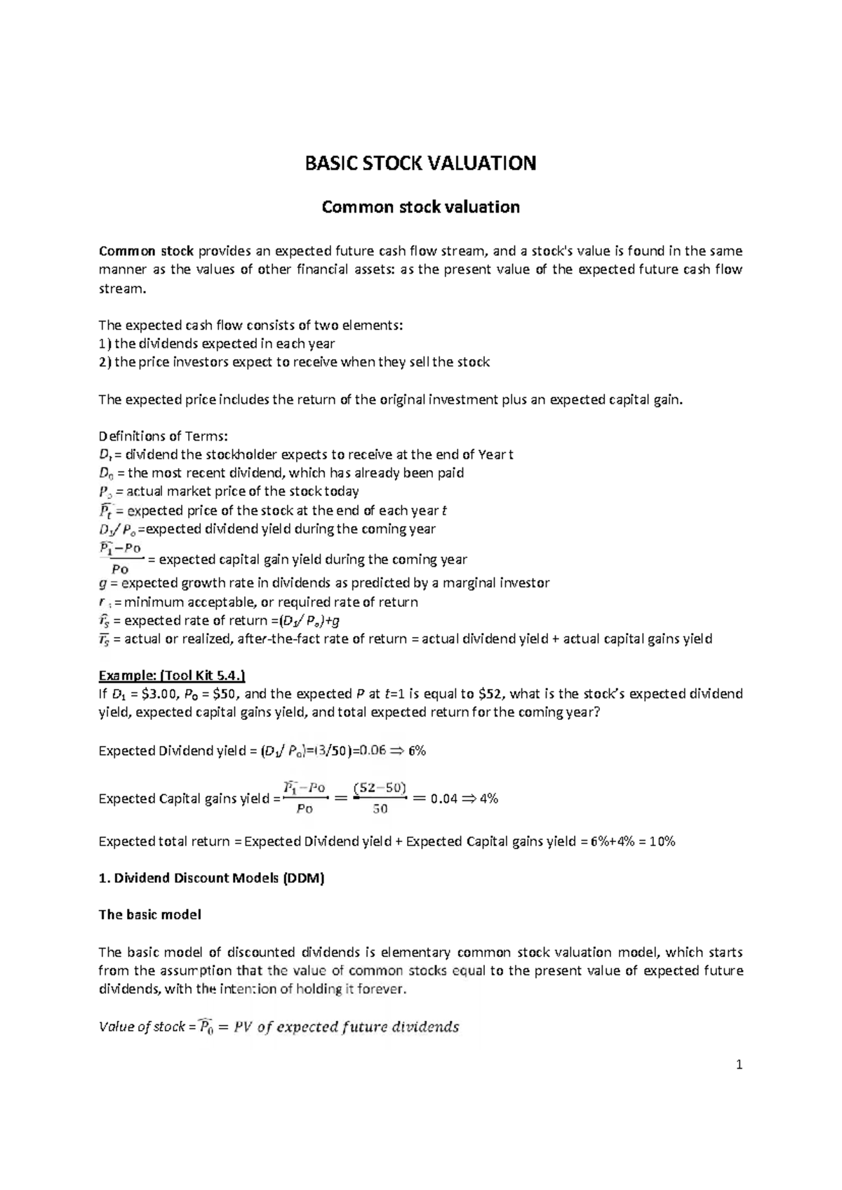 BASIC STOCK VALUATION: Key Concepts and Models for Analysis - Studocu