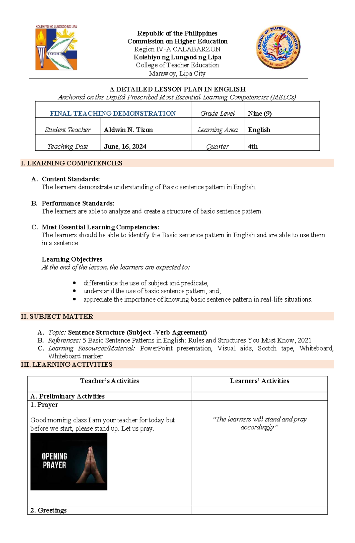 Detailed Lesson Plan in English 9: Basic Sentence Patterns (Final Demo ...