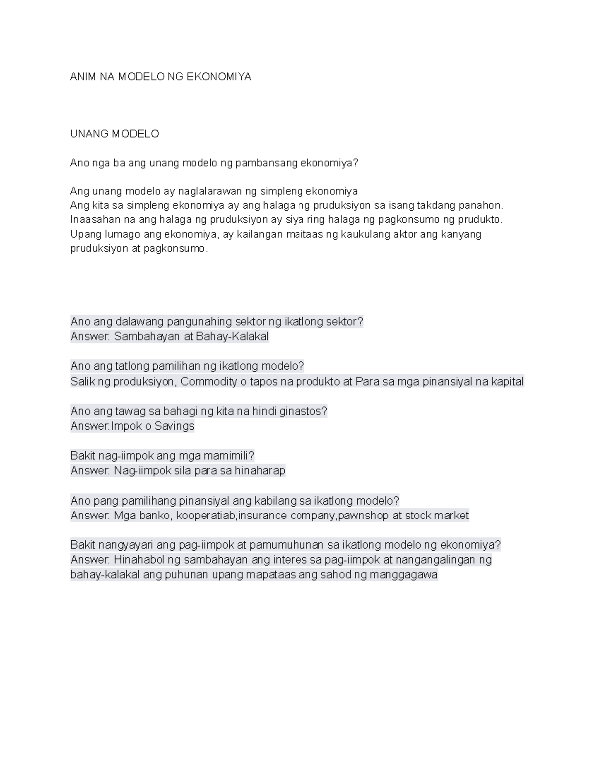 ANIM NA MODELO NG EKONOMIYA: UNANG MODELO AT MGA KONSEPTO - Studocu