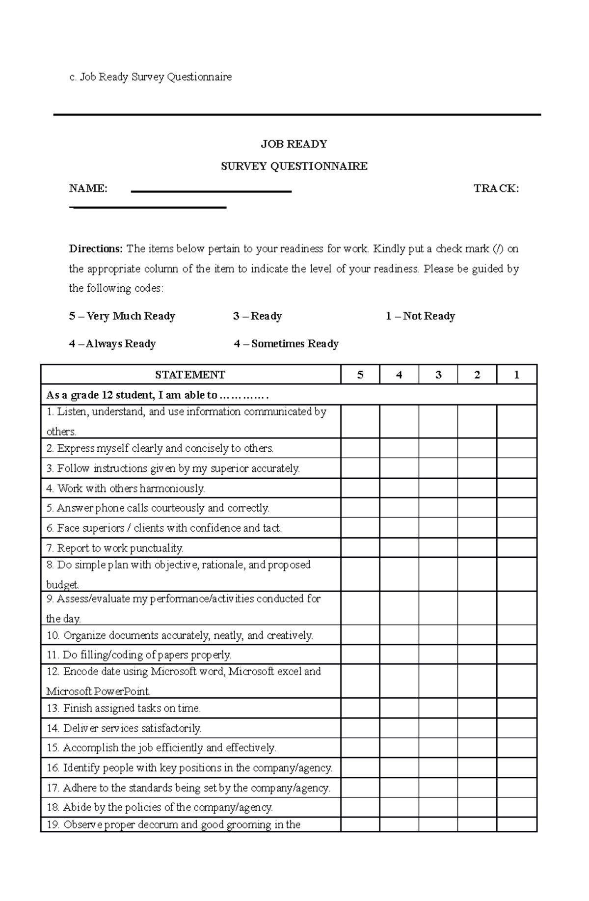Work Immersion JRS Questionnaire: Students' Career Readiness Assessment ...