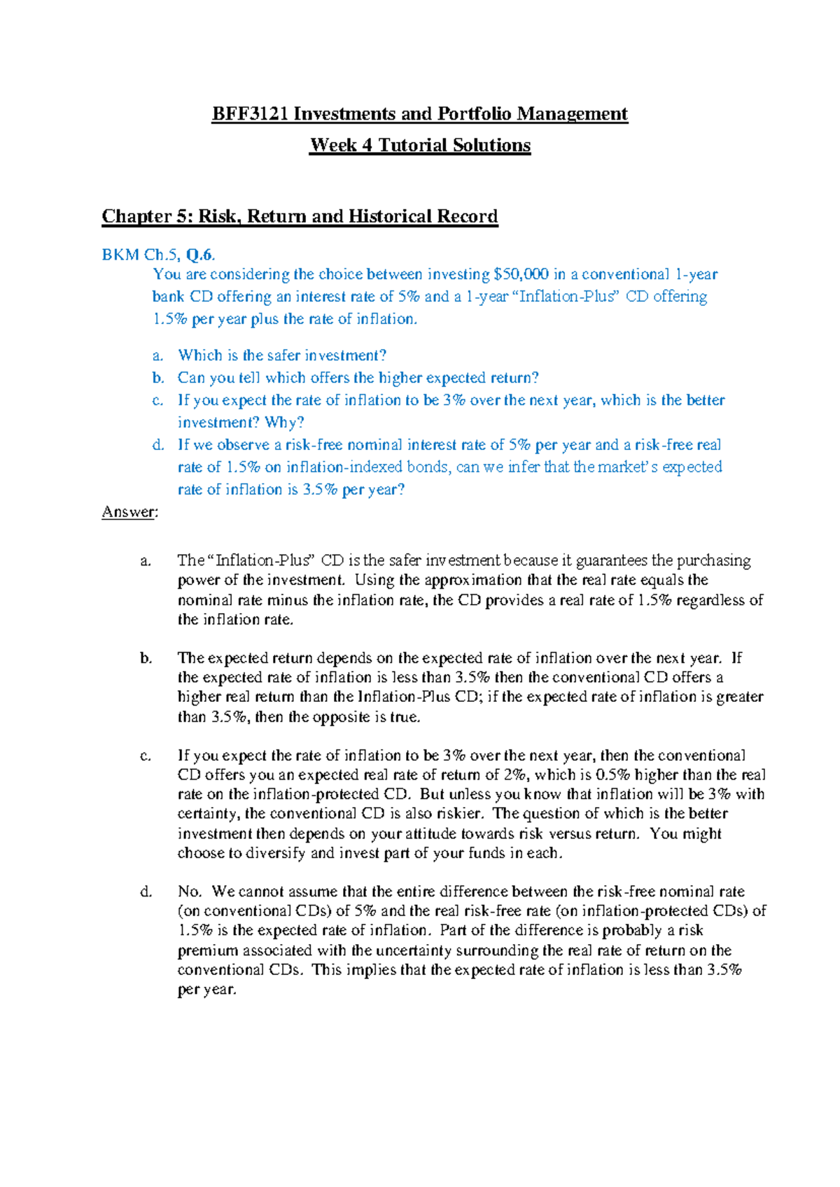 Week 04 Tutorial Solutions - BFF3121 Investments and Portfolio ...