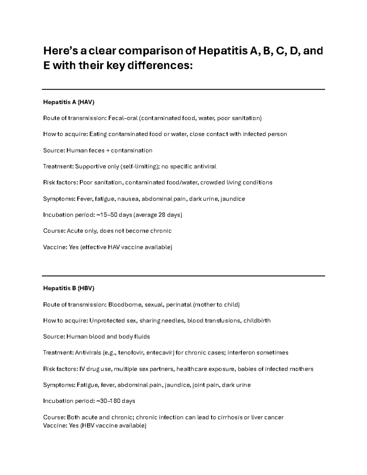 Comparison of Hepatitis A, B, C, D, E: Key Differences - Studocu