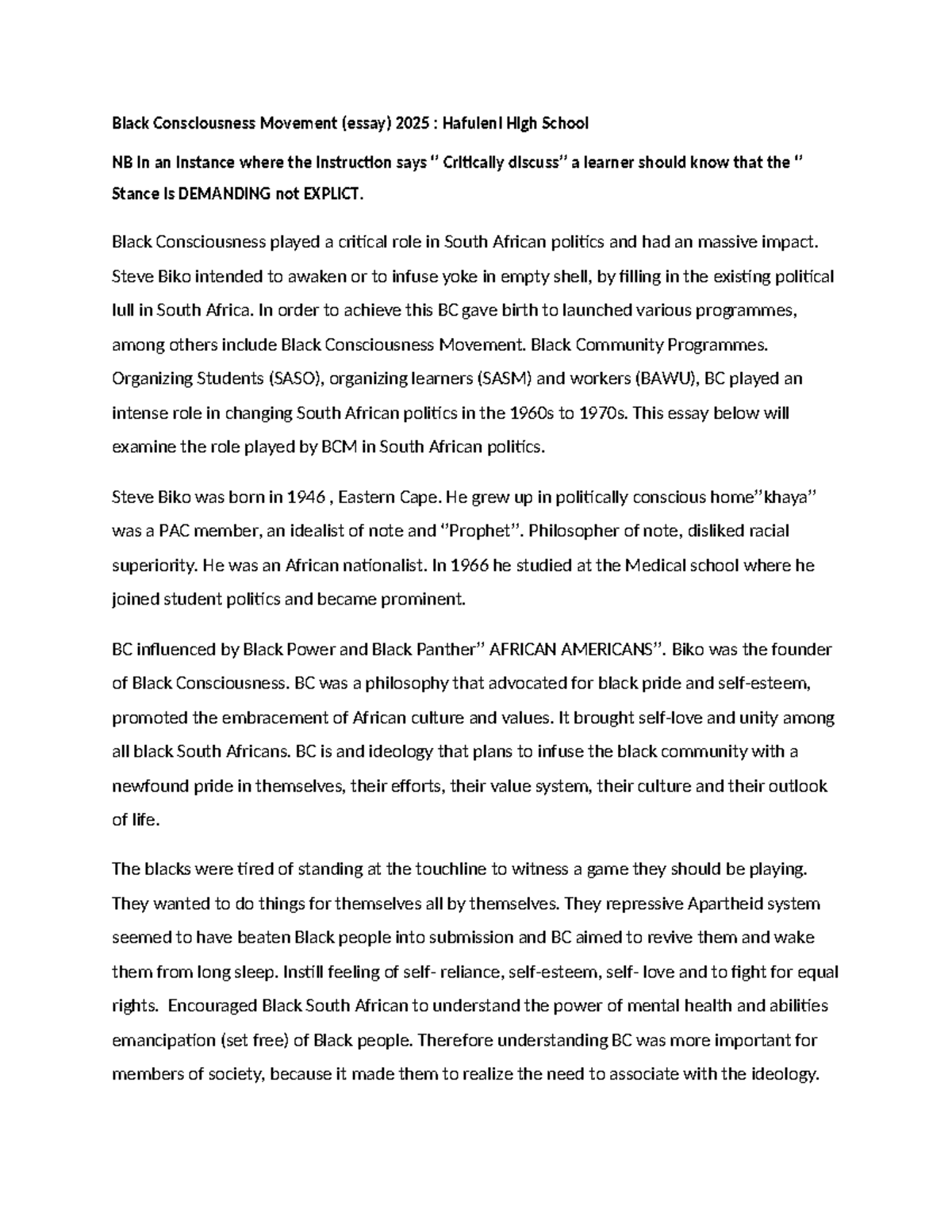 Black Consciousness Movement Essay (2025) - Hafuleni High School - Studocu