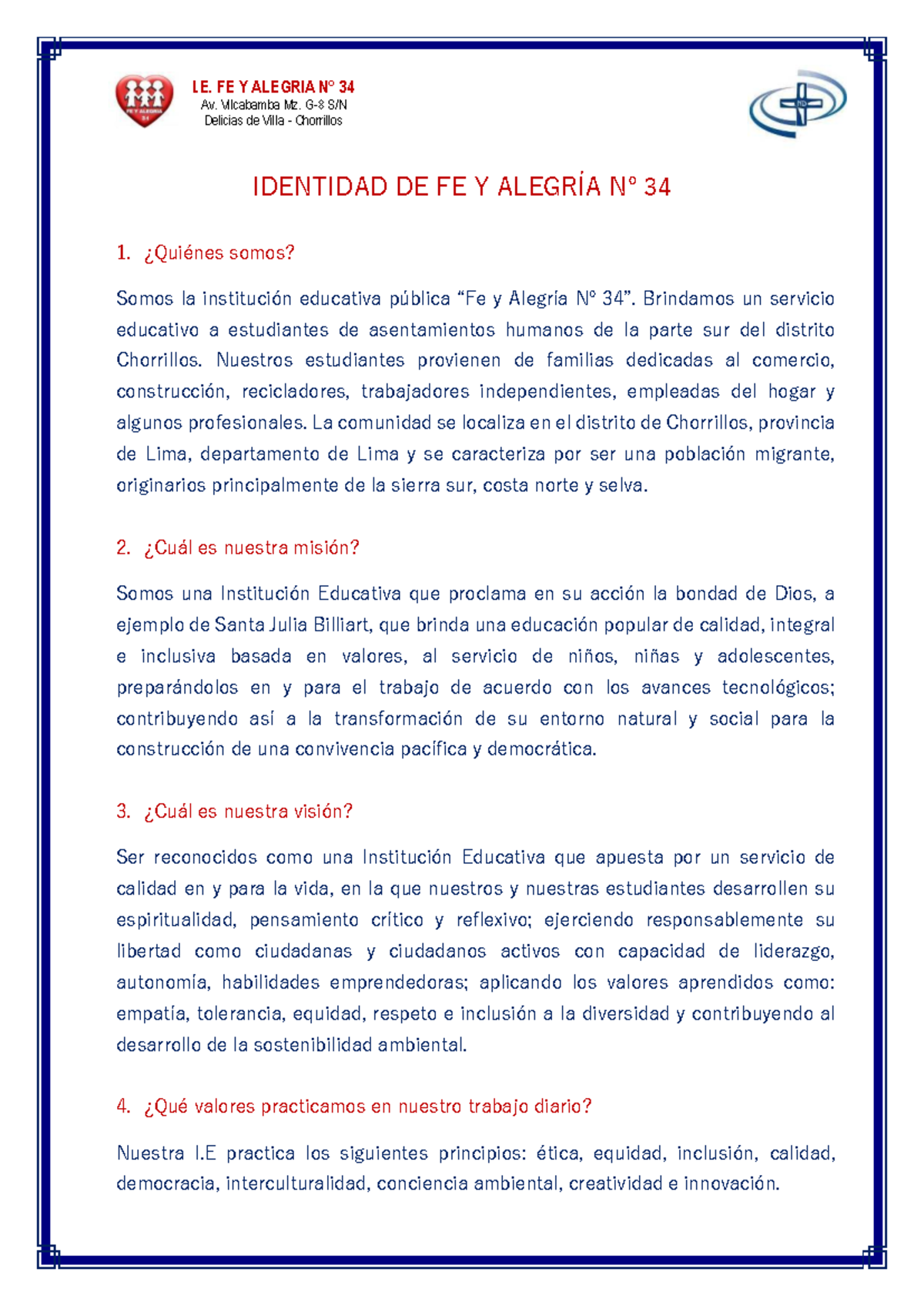 Identidad de Fe y Alegría Nº 34: Misión y Visión Educativa - Studocu