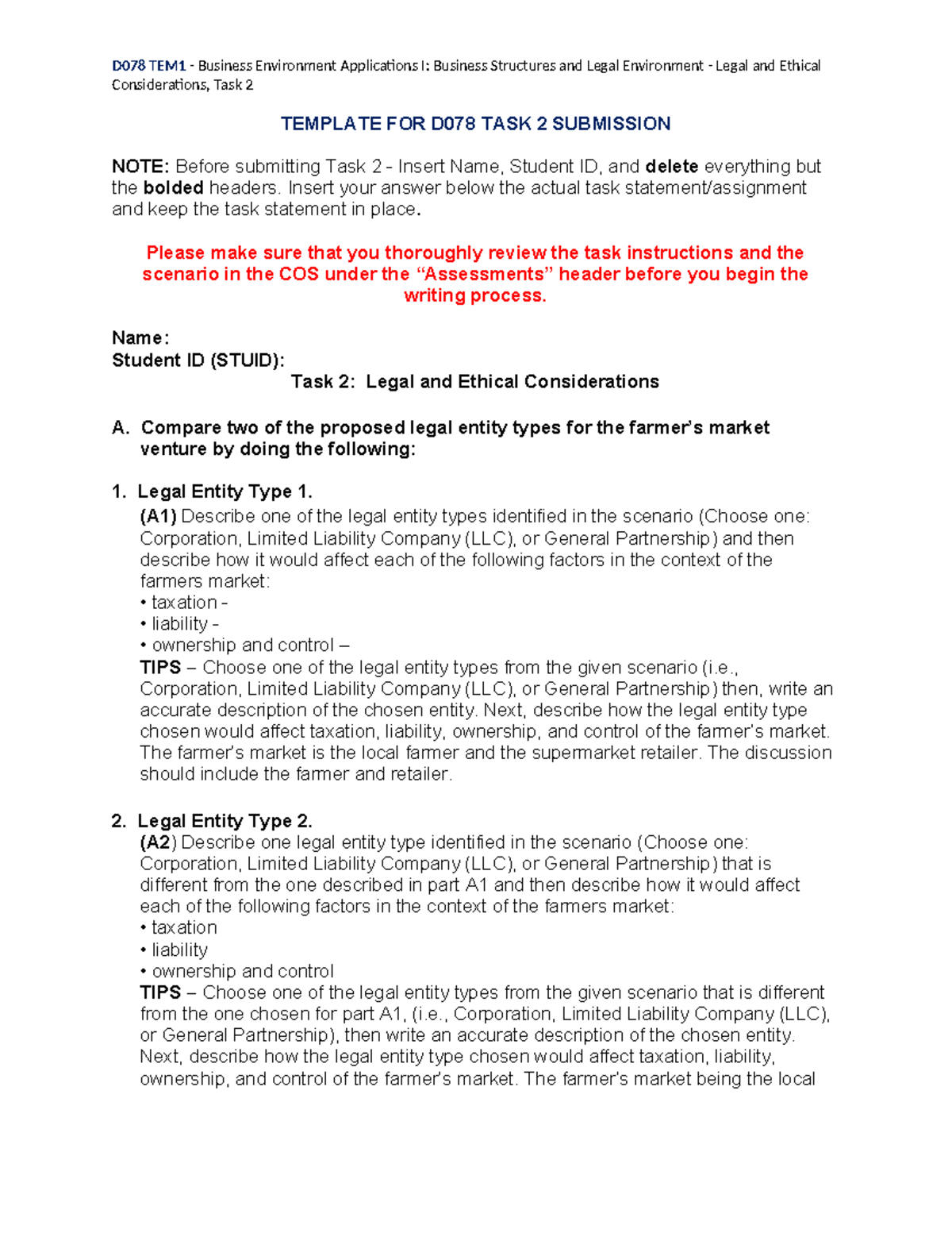 D078 - Task 2 Template: Legal & Ethical Considerations in Business ...