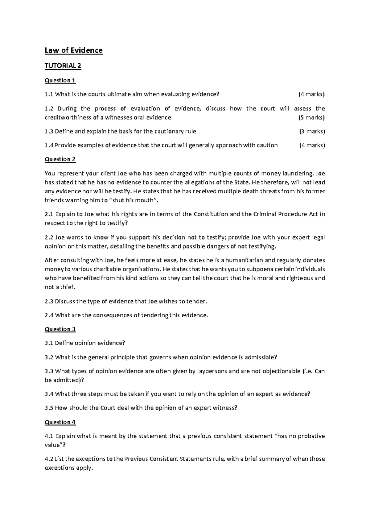 Evidence Law Tutorial 2 - Key Questions and Analysis - Studocu