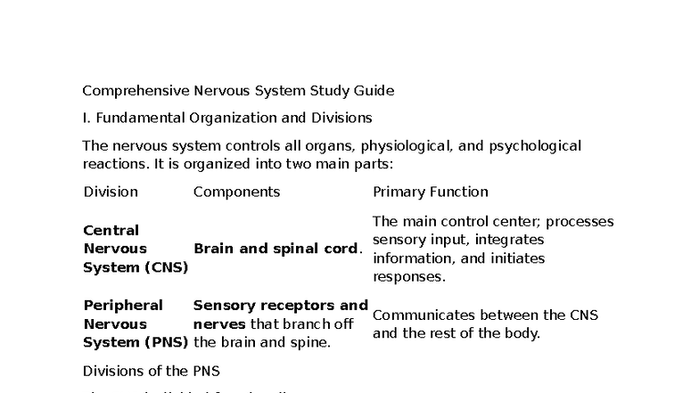 Chapter 11 Study Guide: Nervous System Overview and Key Concepts - Studocu