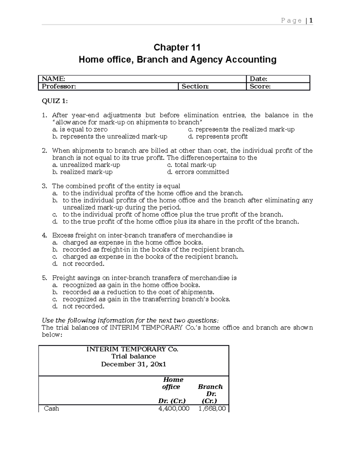 QUIZ: Acctg Chapter 11 - Home Office, Branch, and Agency Accounting ...