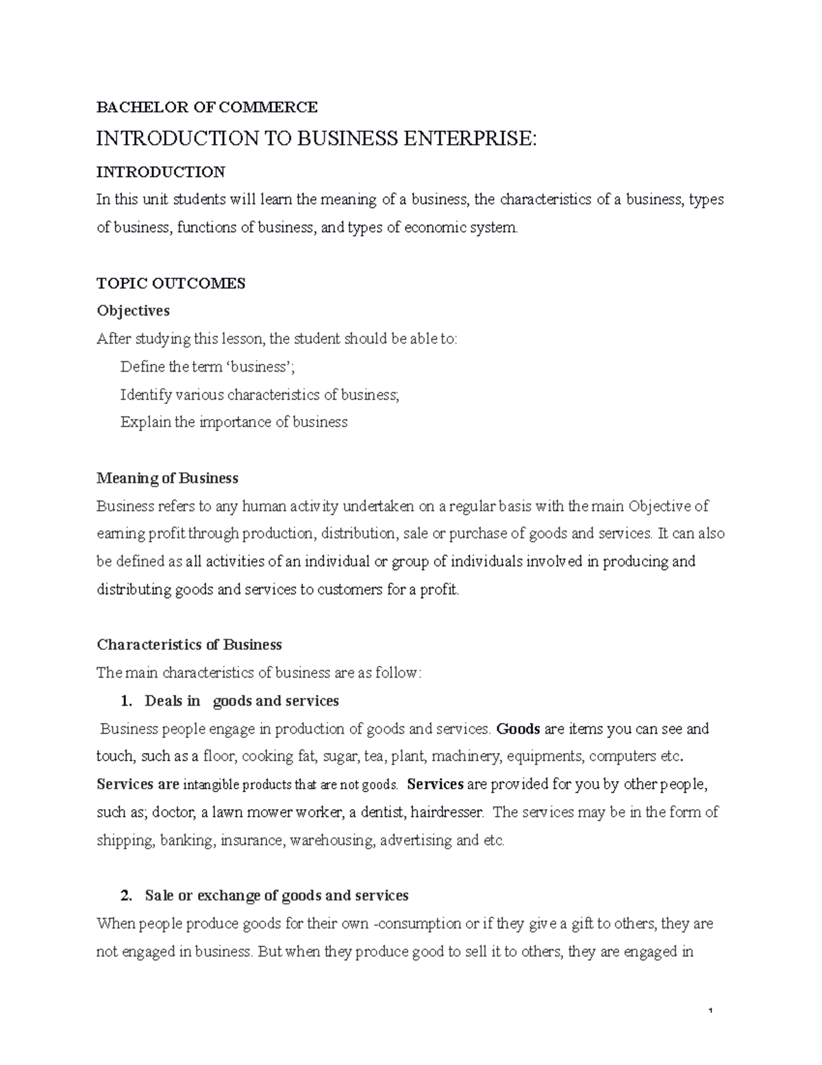 B.COM 101: Intro to Business Enterprise Study Notes - Studocu