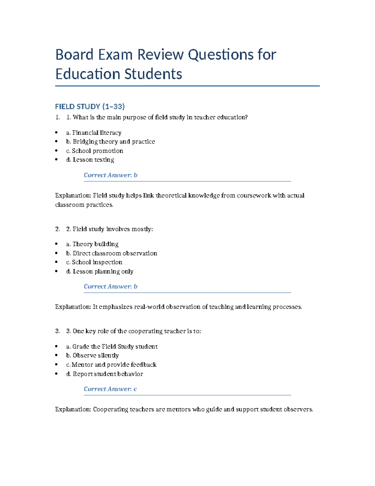 FIELD STUDY 1: Board Exam Review Questions for Education Students - Studocu