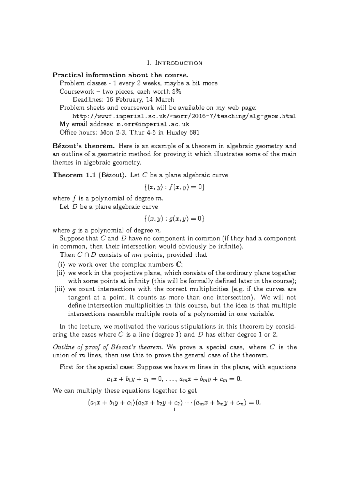 Algebraic Geometry Lecture Notes (ALG 101): Bézout's Theorem and Beyond ...