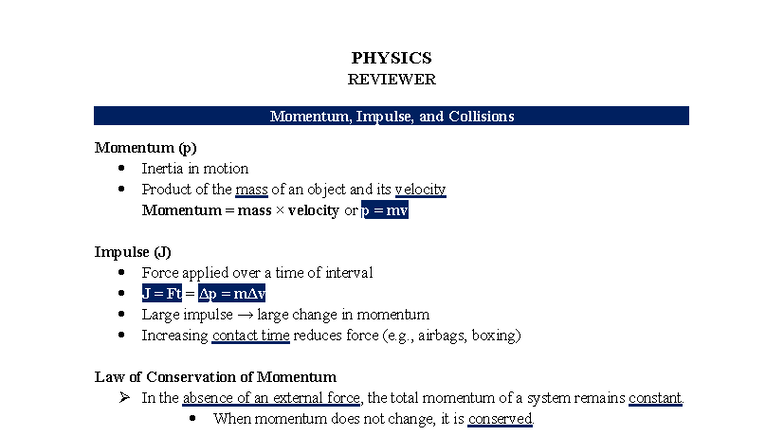 Q2- PHYSICS REVIEWER: Momentum, Impulse, and Collisions Concepts - Studocu