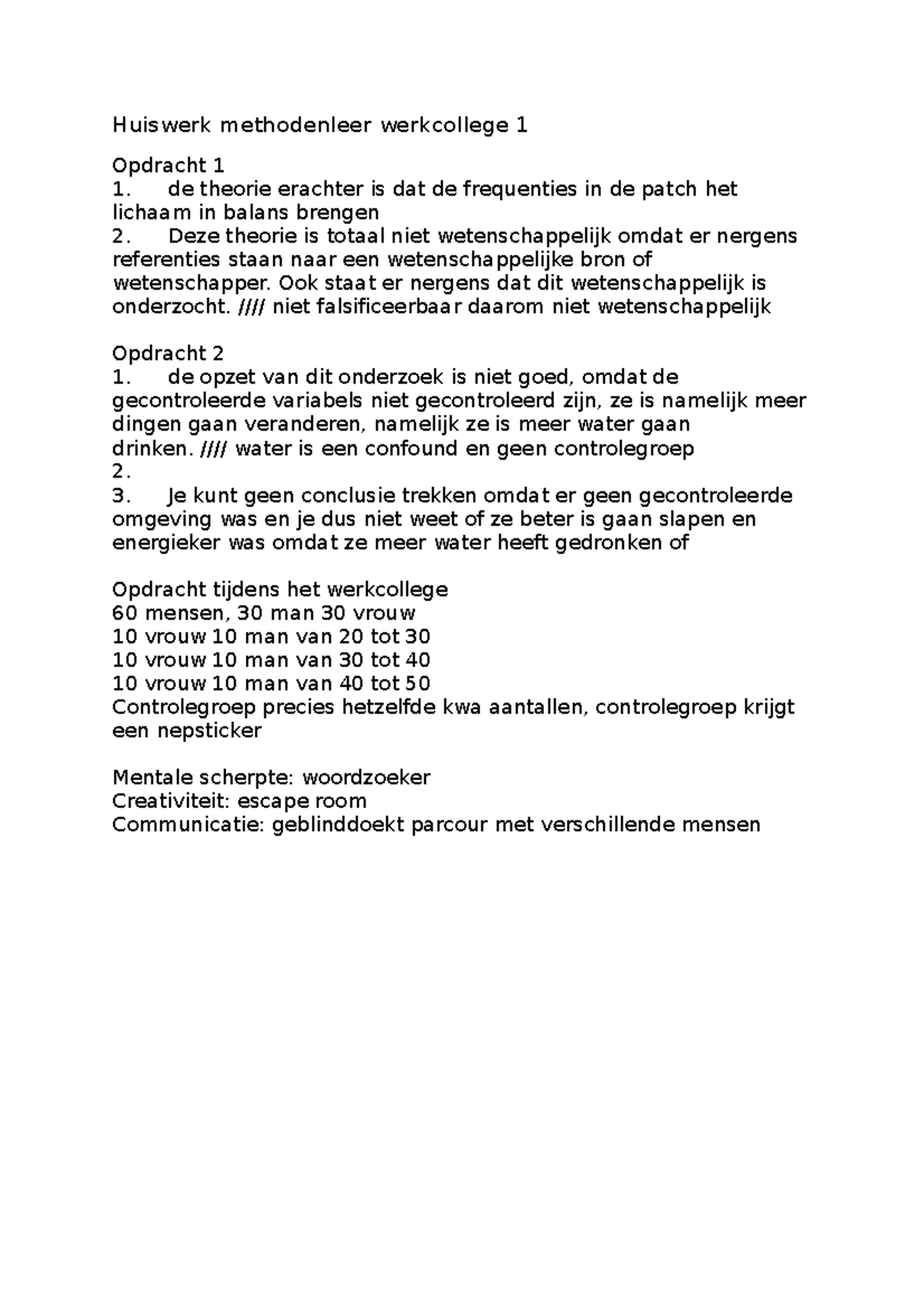 Huiswerk Methodenleer WC1: Werkcollege 1 Opdrachten en Analyse ...