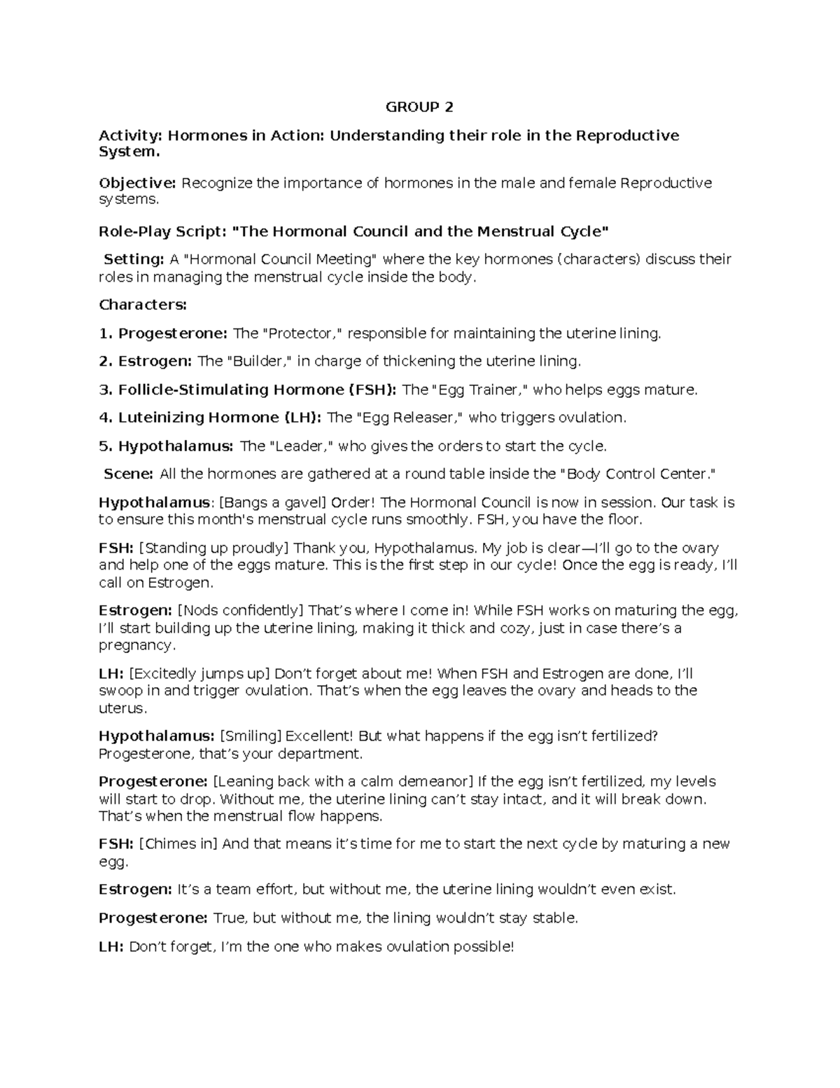 Group 2 ROLE Playing Script - GROUP 2 Activity: Hormones in Action ...