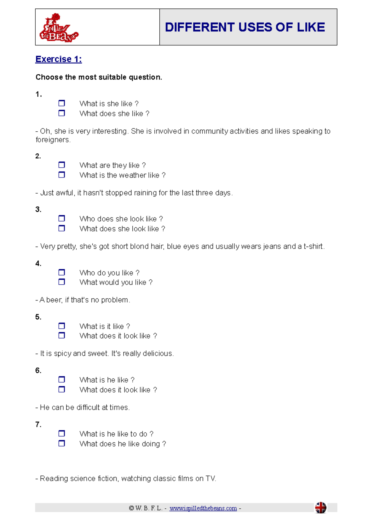 Different Uses of "Like" - Exercises and Answers - Studocu