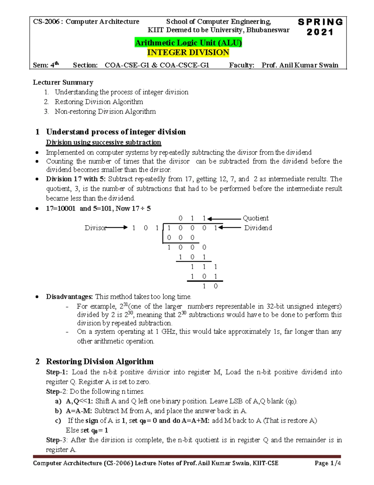 4 Performance Of A Computer Lecture Summary 1 Processor Clock 2
