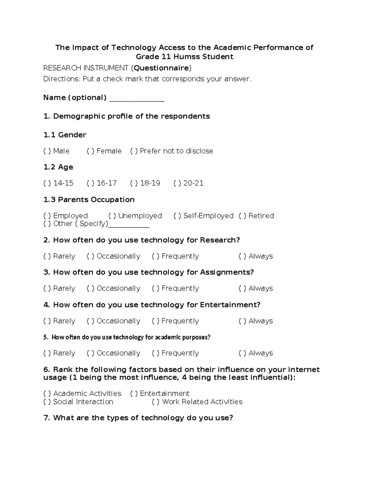 Questionnaire on the Impact of Technology on Grade 11 HUMSS Students ...