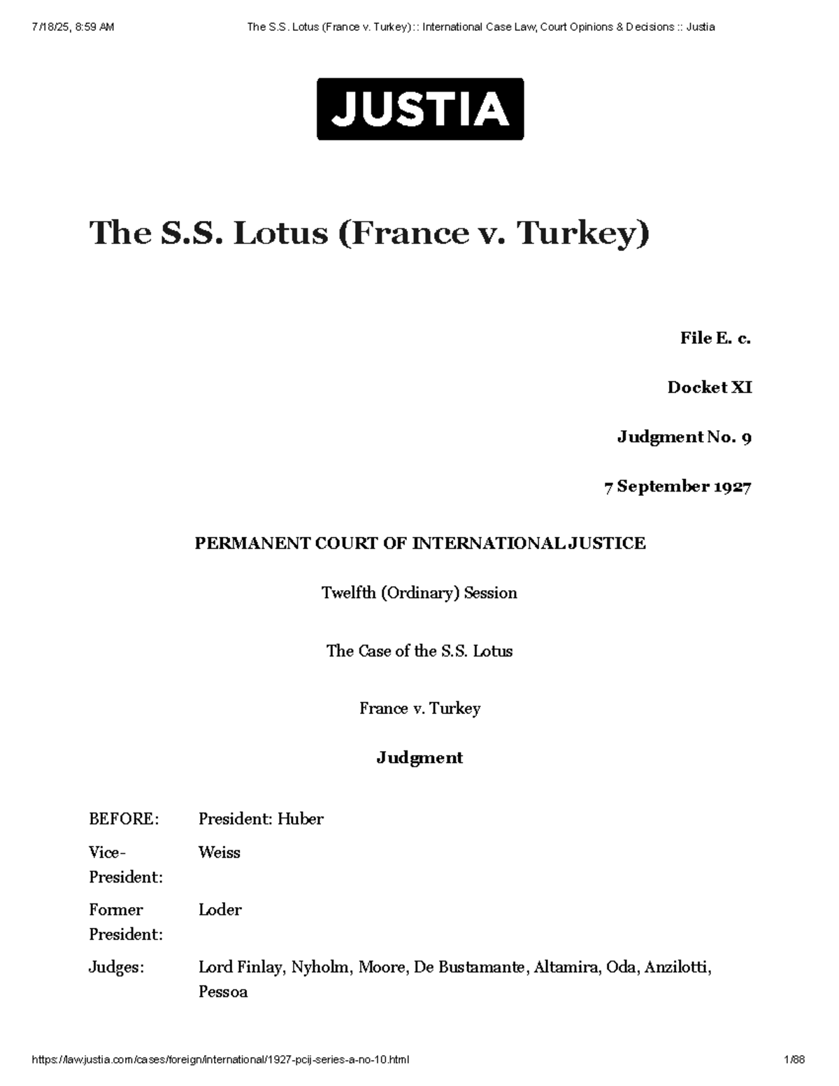 International Case Study: The S.S. Lotus (France v. Turkey) - Judgment ...