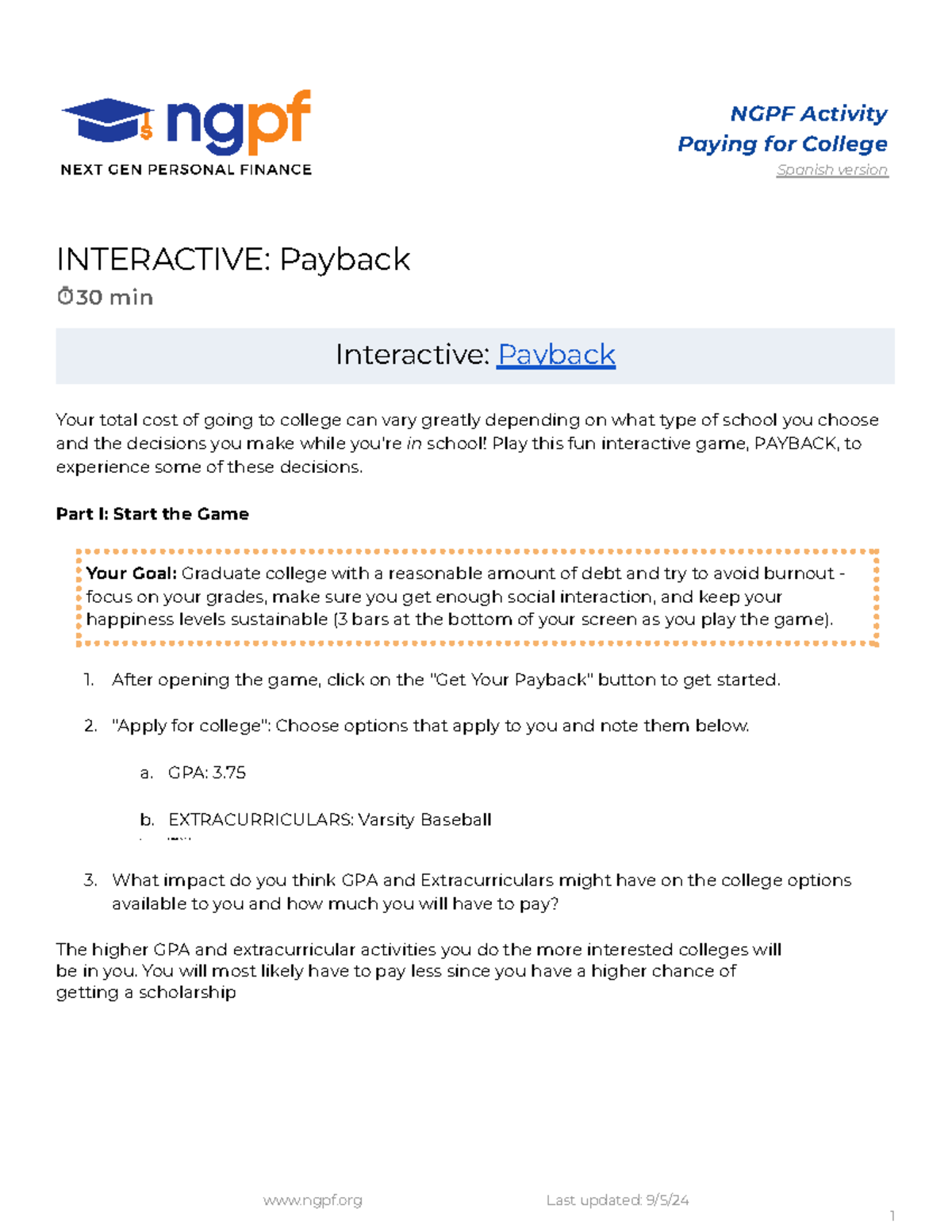 Interactive Payback Game: NGPF Activity on College Expenses - Studocu