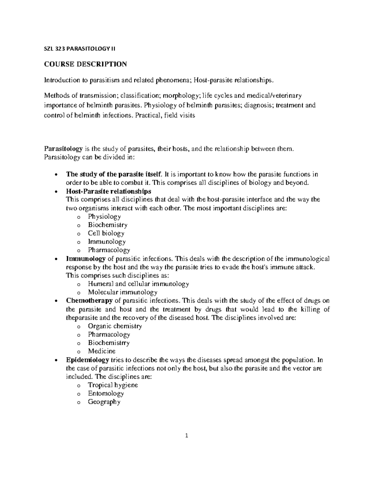 SZL 323 Parasitology II - Comprehensive Study Notes - Studocu
