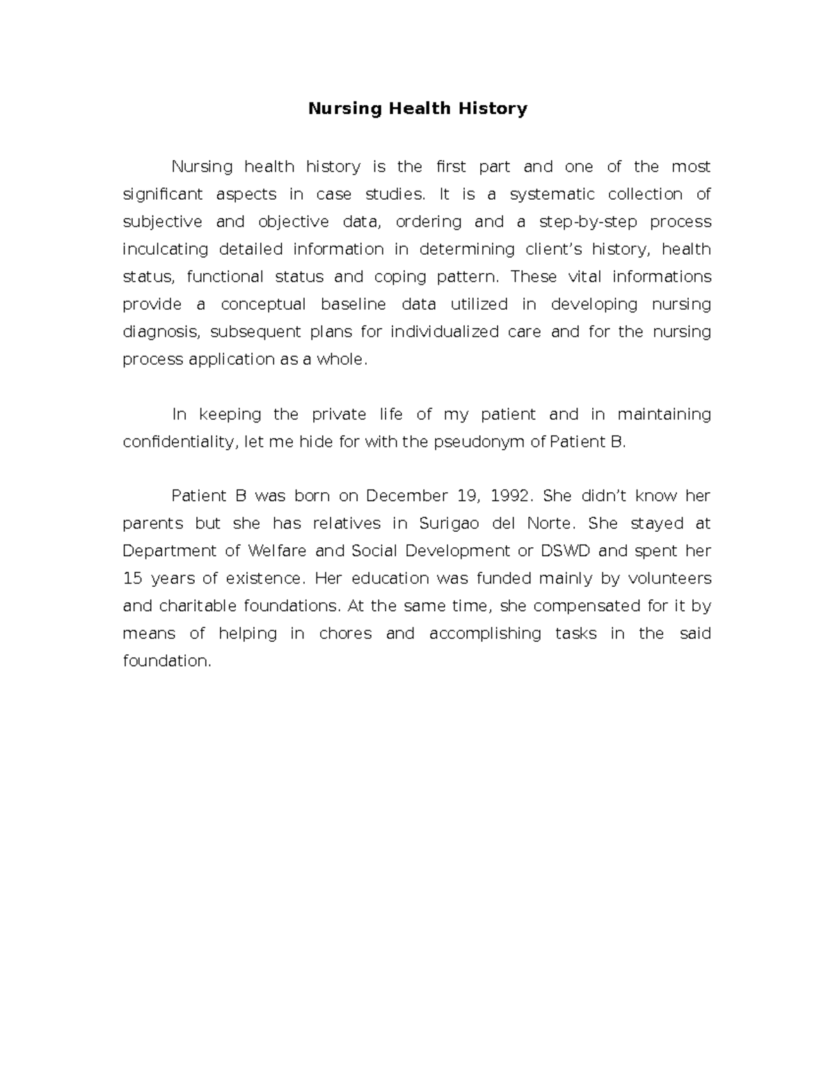 4007589 Nursing Health History Case Study of Patient B - Studocu