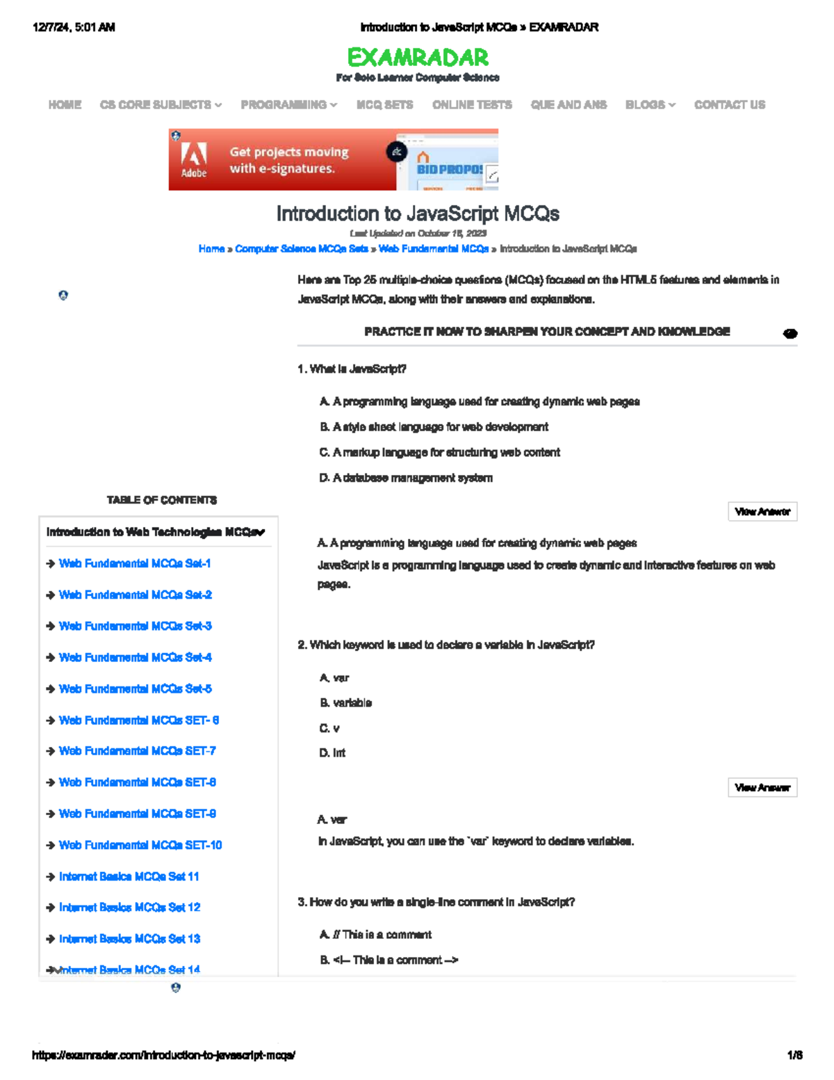 CS101: Introduction to JavaScript MCQs for Exam Preparation - Studocu