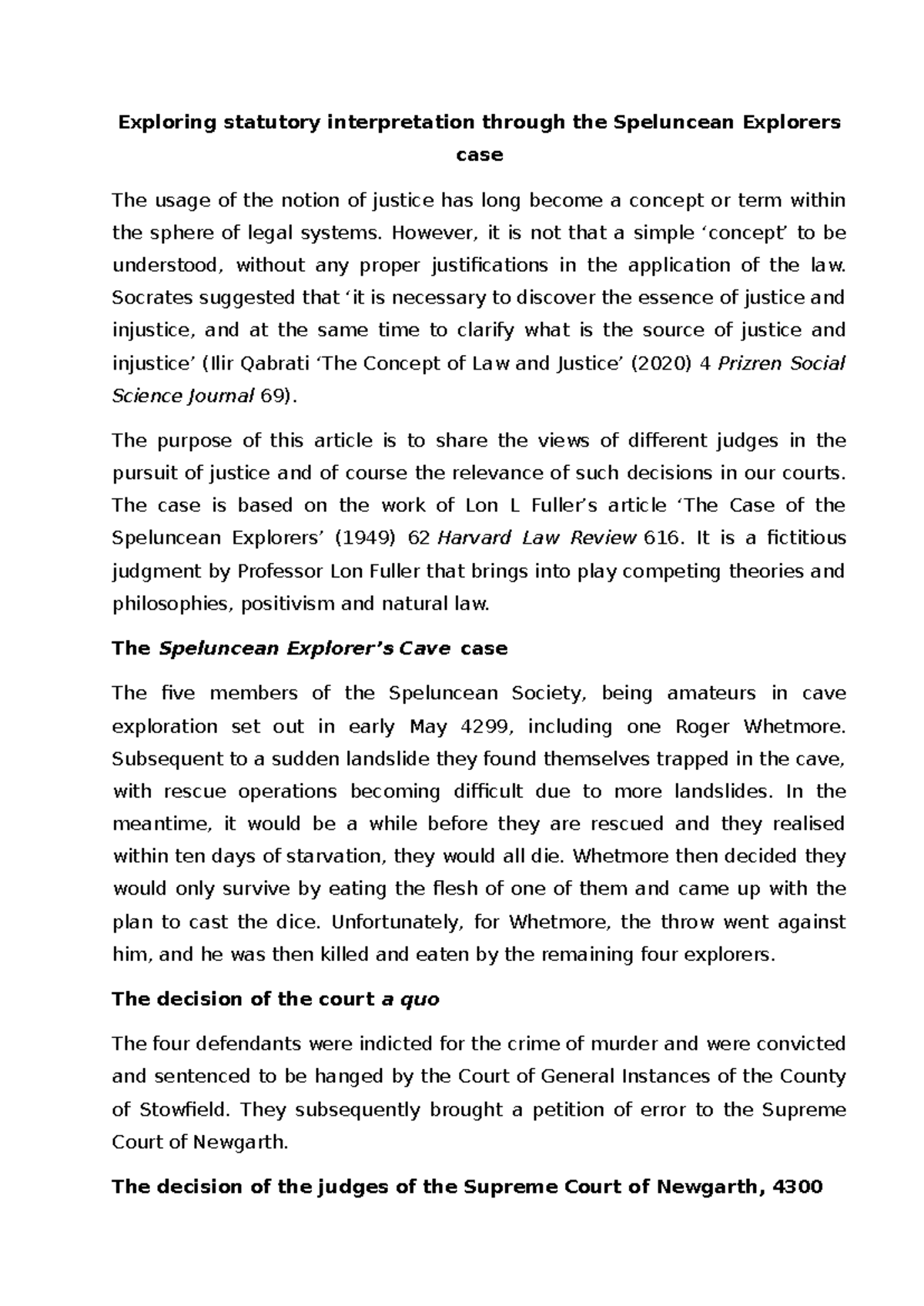 Statutory Interpretation in the Speluncean Explorers Case: A Legal ...