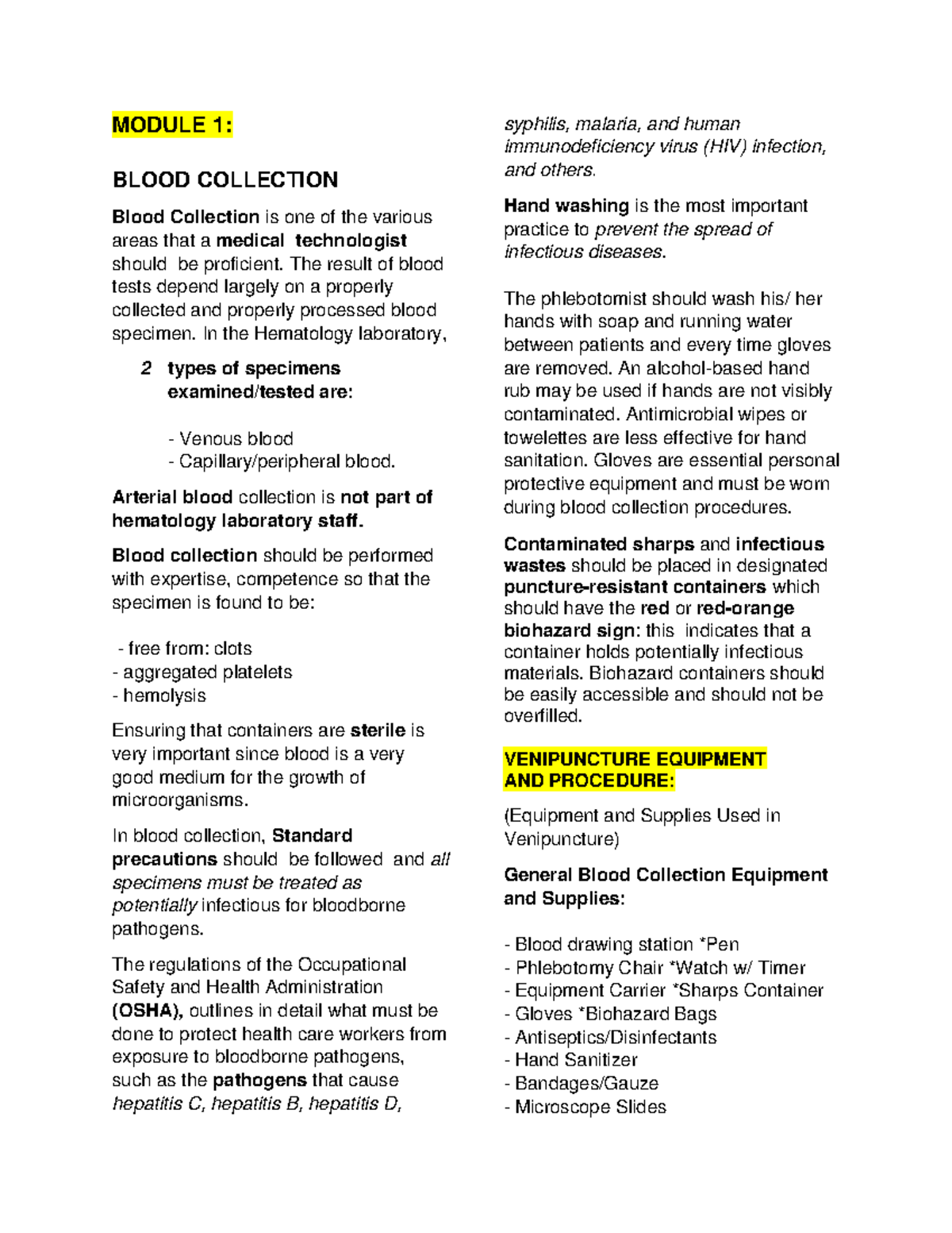 Hematology 1 LAB - Blood Collection Techniques and Procedures (Module 1 ...